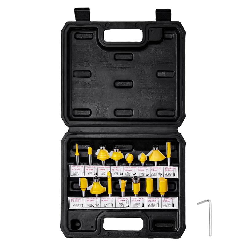 15 Pieces, Carbide Router Bit Kit with 1/4 Inch Shank, Plastic Carrying ...