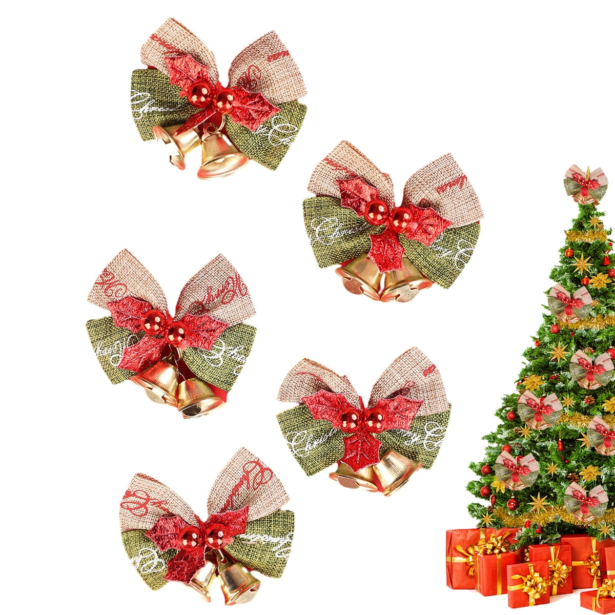 15 Pieces Christmas Bow with Bells Mini Ribbon Bows Burlap Wreath Bows ...