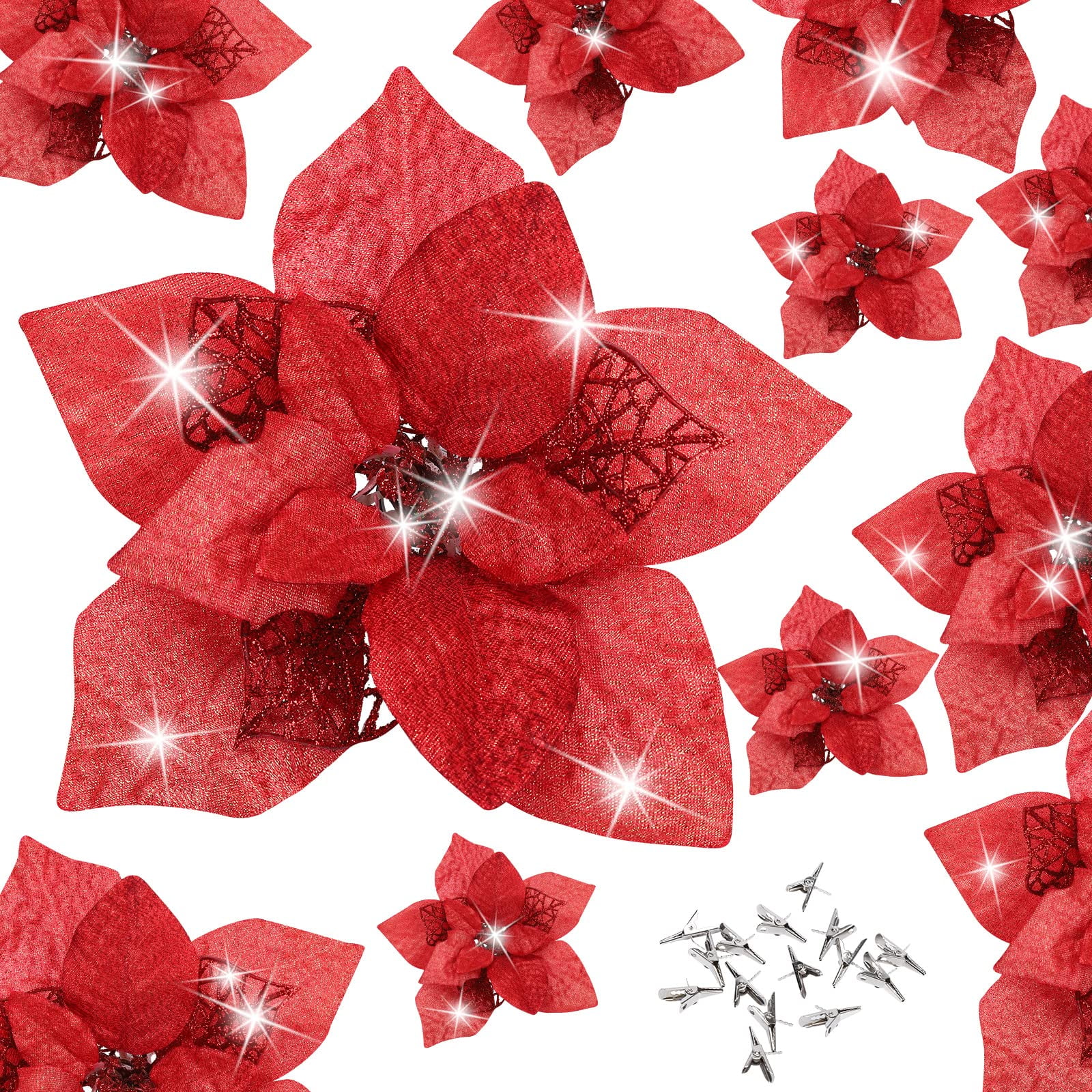 15 Pieces Christmas Glitter Poinsettia with Clips Christmas Poinsettia ...