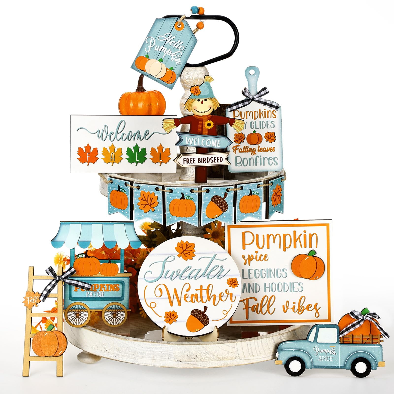 15 Pieces Fall Tiered Tray Decor Set Thanksgiving Pumpkin Tray Decor ...