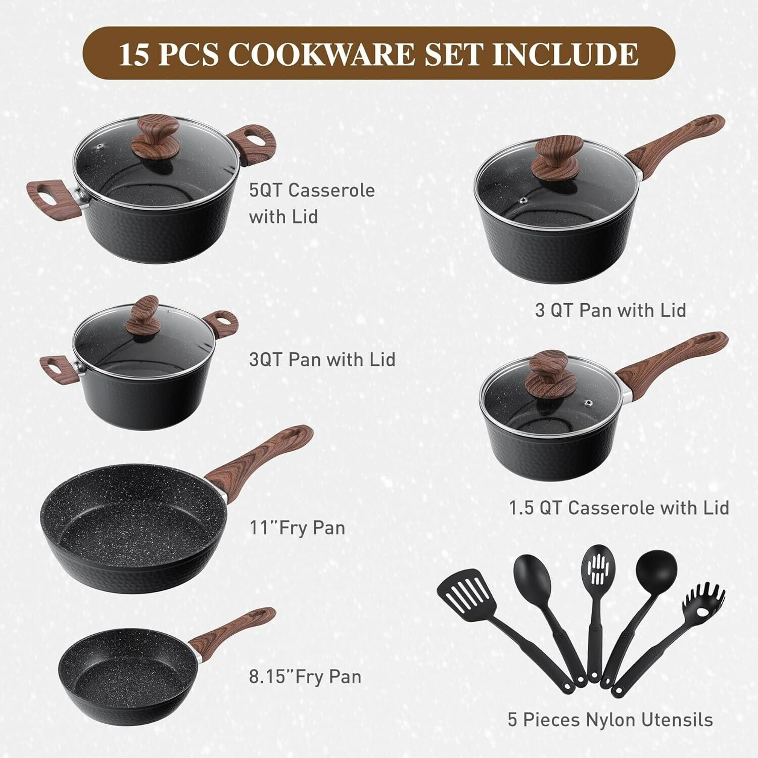 15 Pieces Induction Pots and Pans Set Nonstick Granite Stone Coated ...
