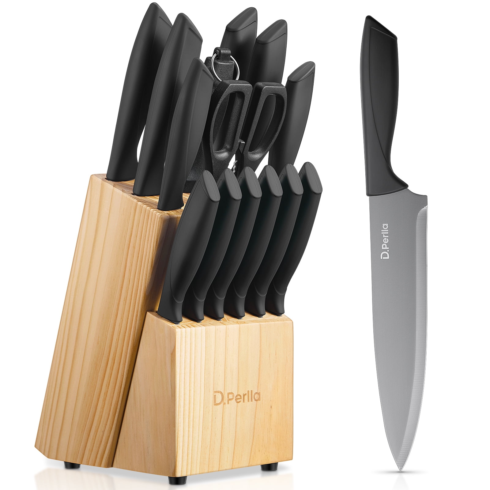 D.Perlla 15 Pieces Knife Set with Block Super Sharp Stainless Steel ...