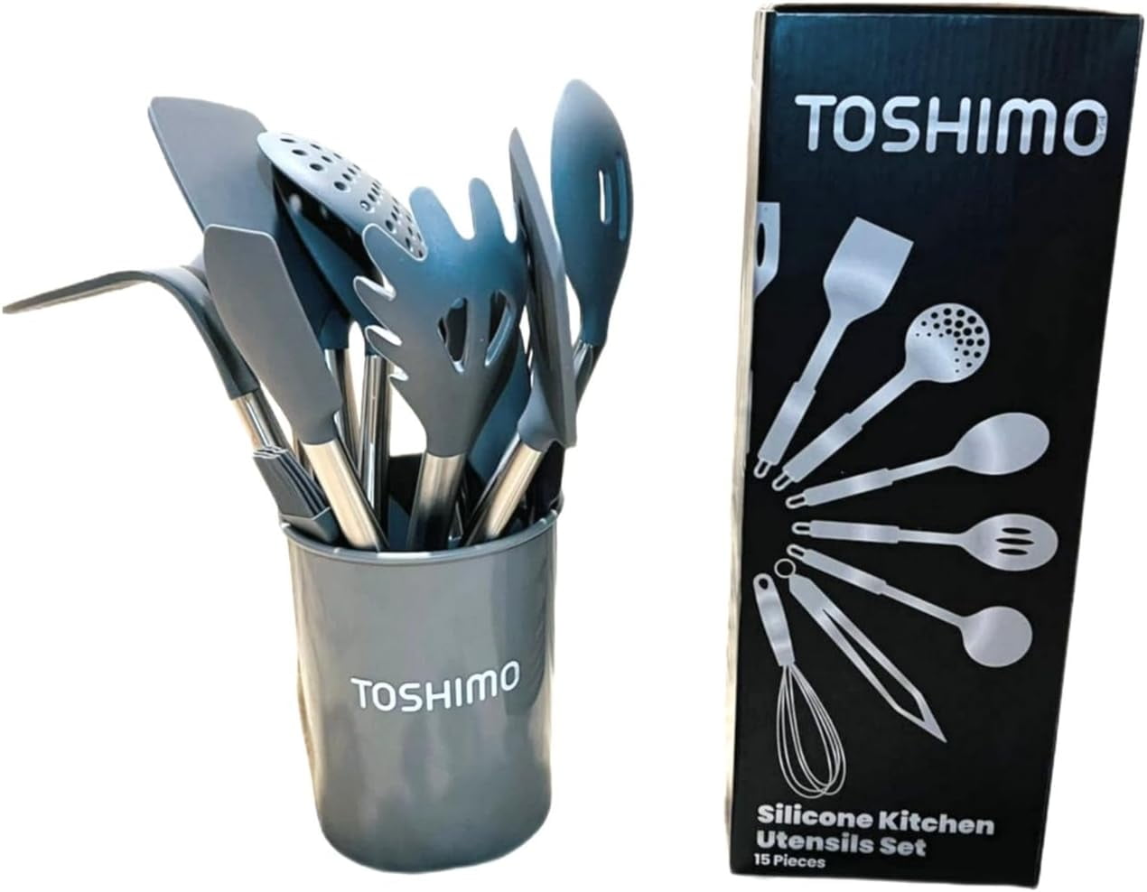 15 Pieces Silicone Kitchen Utensil Set with Holder | Non Slip Stainless ...