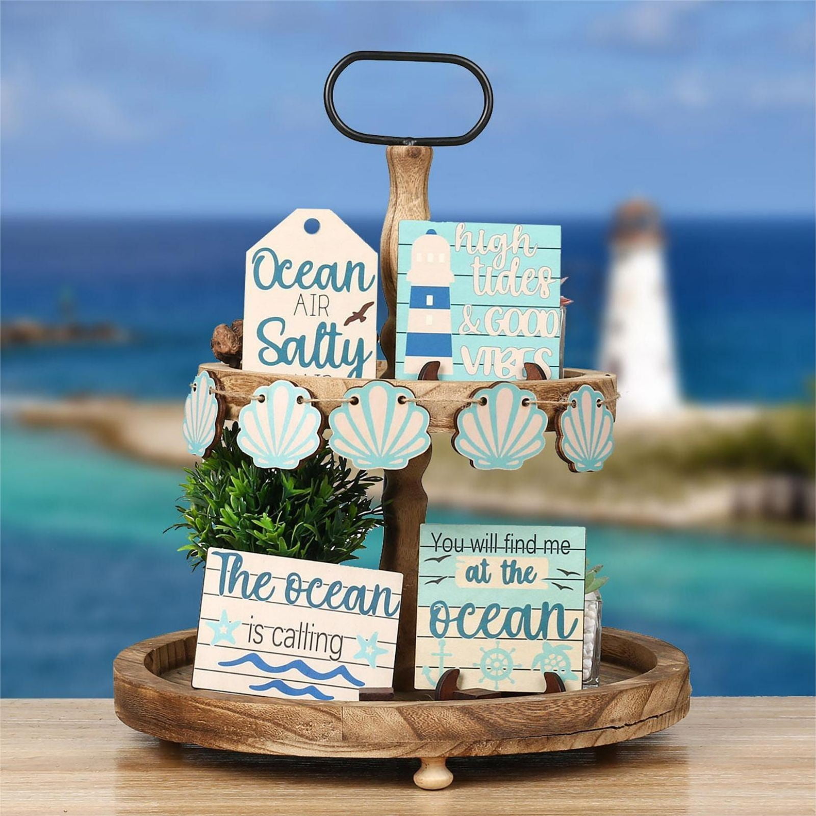 15 Pieces Summer Beach Tiered Tray Decor Set Farmhouse Ocean Wood Sign ...