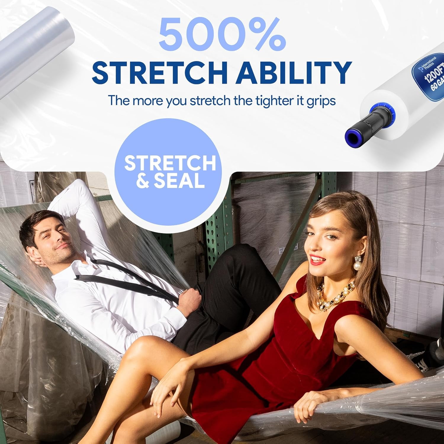 15" Plastic Stretch Film Wrap with Extended Handles 1200ft Each 500% ...