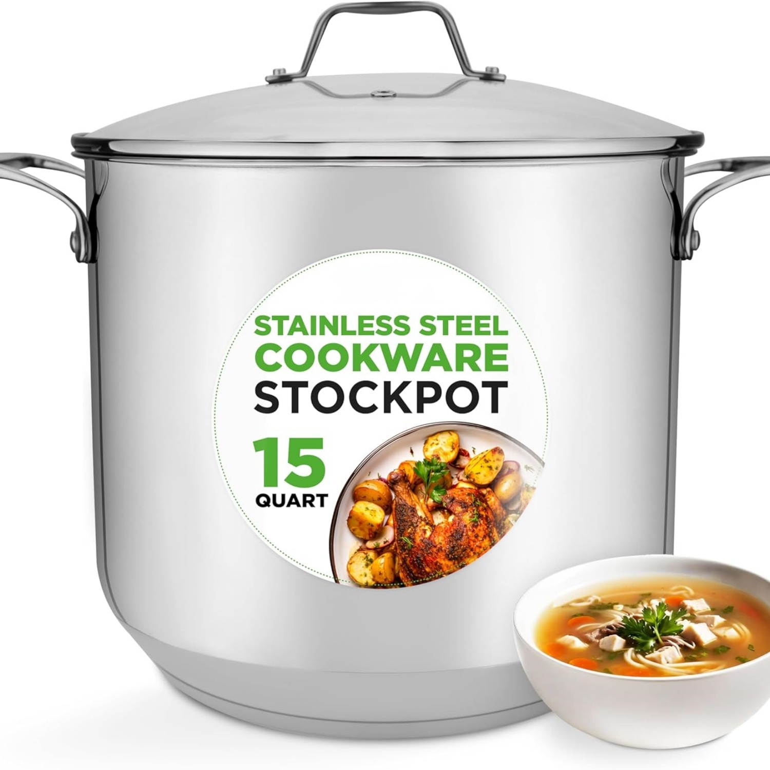 15-Quart Stainless Steel Stock Pot with Tempered Glass Lid - Induction ...