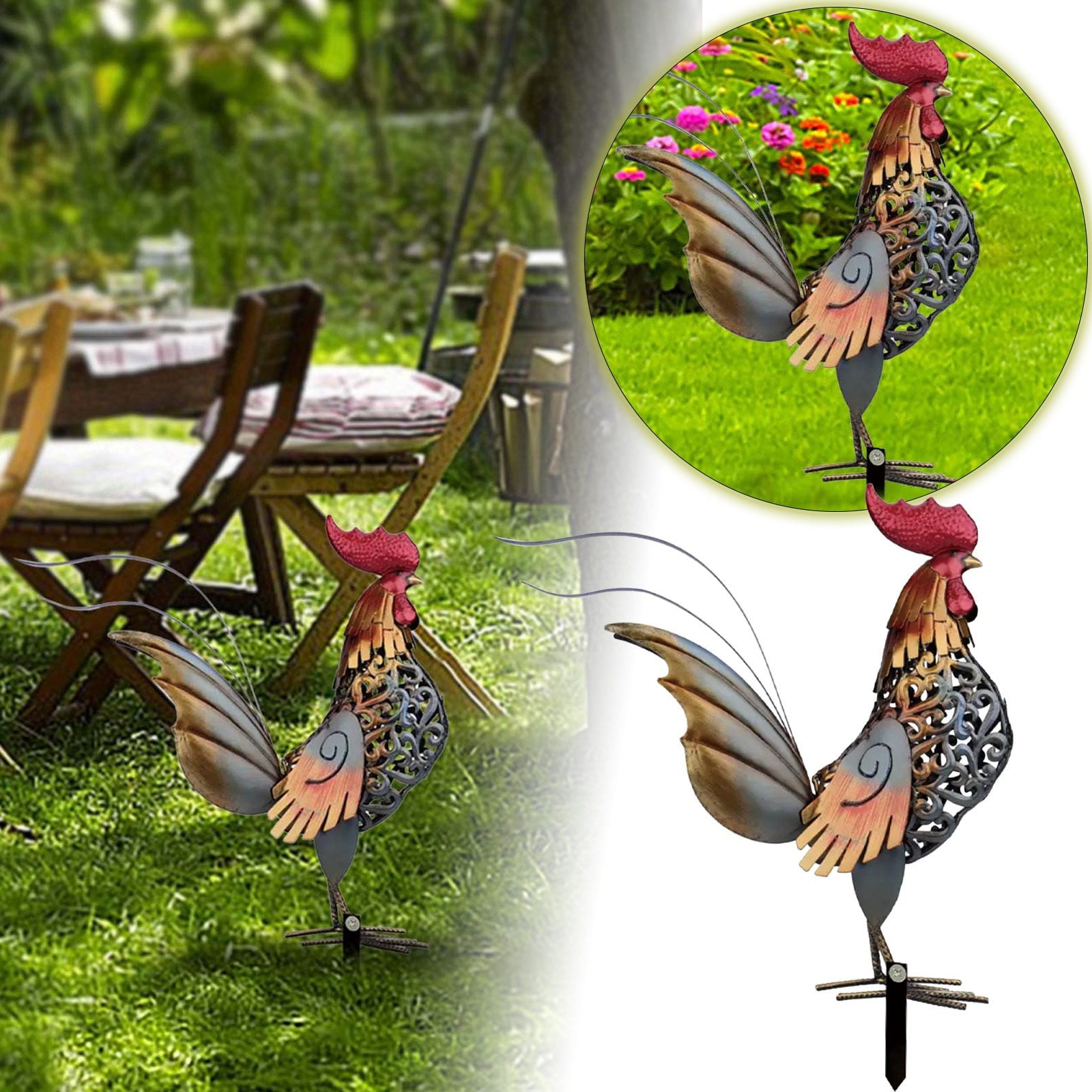 15" Red Metal Rooster Statue - Rustic Chicken Garden Sculpture for ...