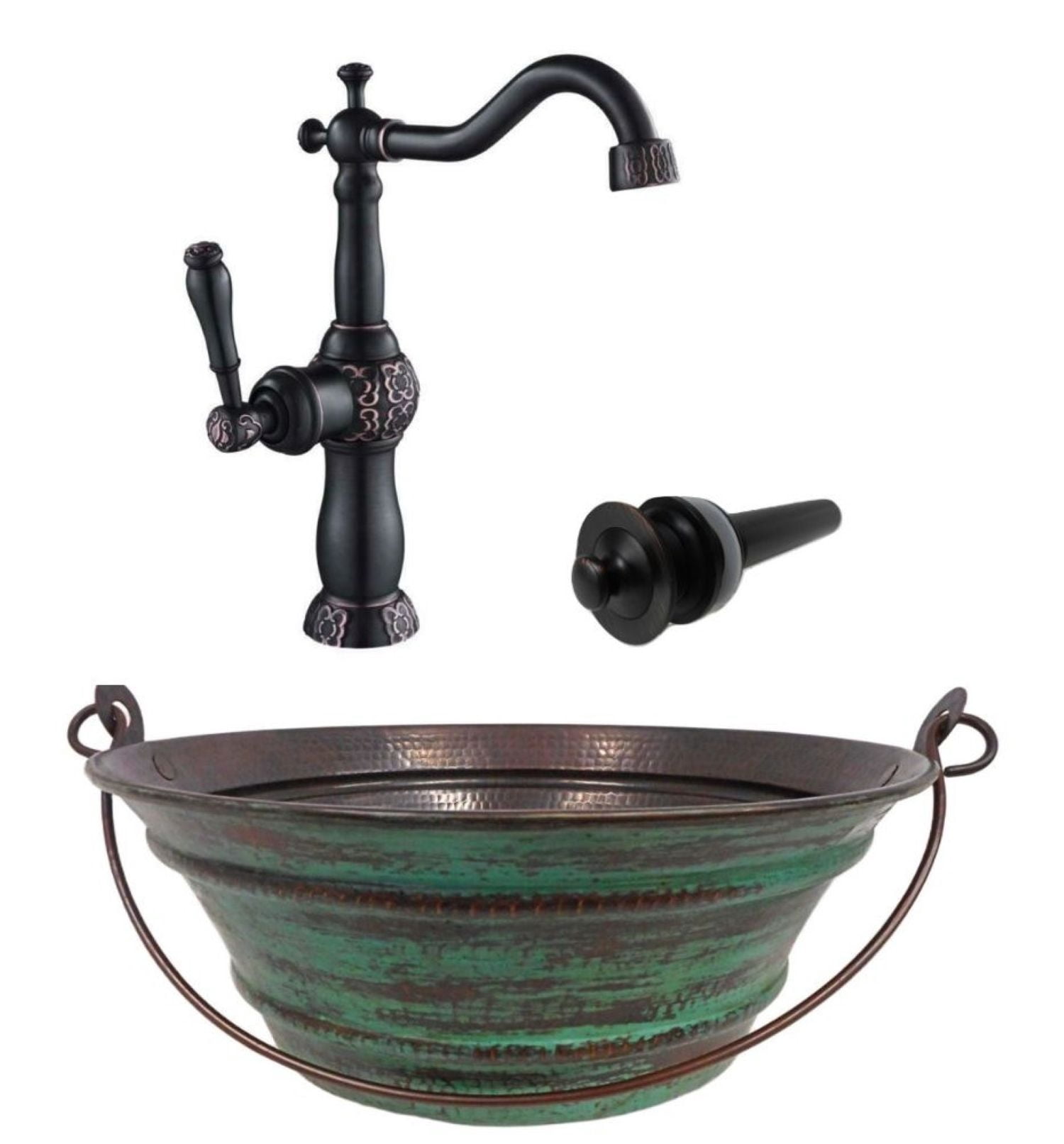 15" Round Copper Vessel BUCKET Bath Sink Green Patina Exterior, Faucet ...