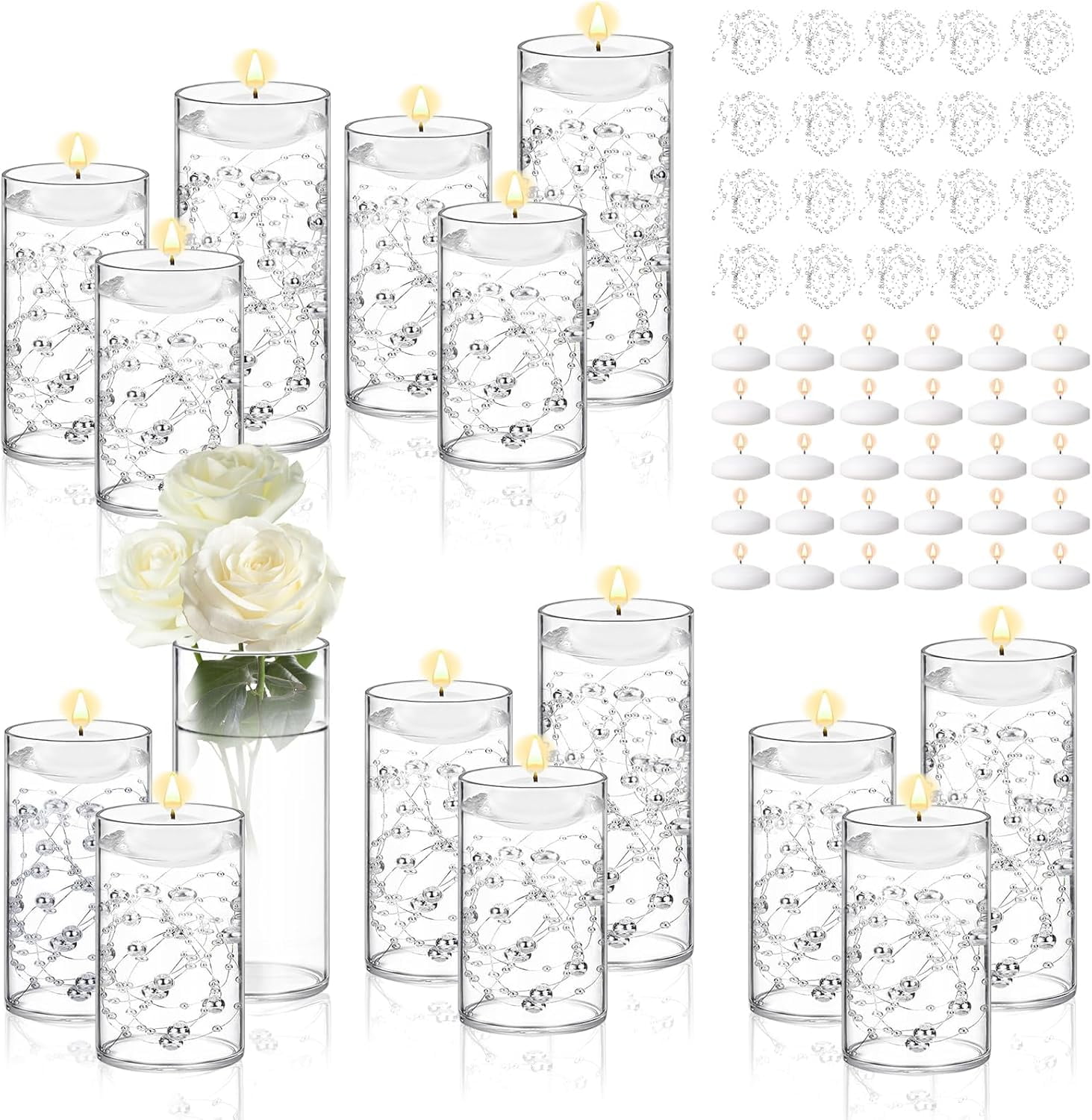 15 Set Glass Cylinder Vase with 20 Artificial Pearl String 30 White ...