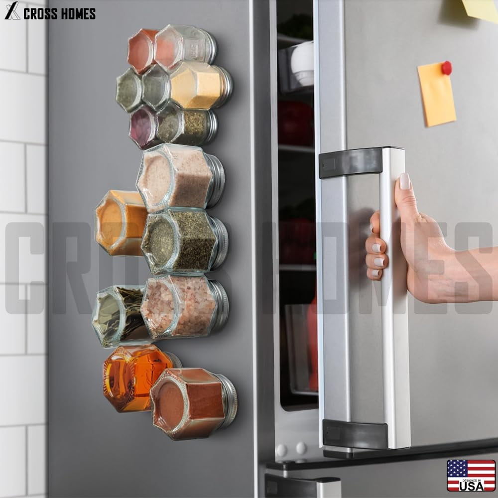 15 Set Magnetic Spice Jars - Large 4 oz Refrigerator Hexagon Glass ...