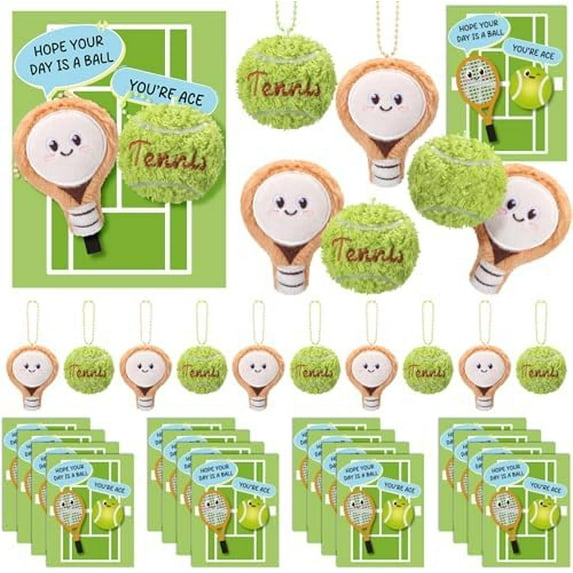 15 Set Mini Tennis Racket Keychain Ball Plush Keyring Cute Happy Card ...