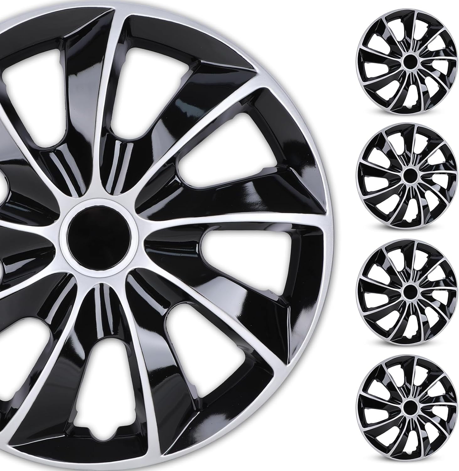 15" Set Of 4 Silver&Black Wheel Covers Snap On Hub Caps Fit R15 Tire ...