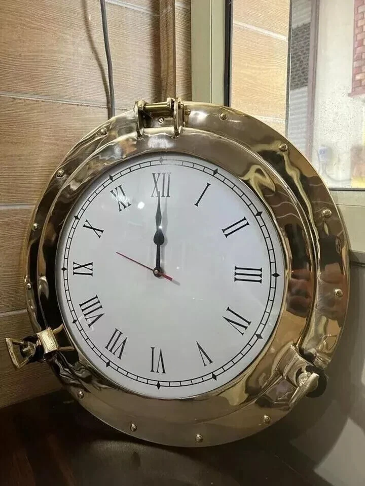 15" Shiny Brass Marine Brass Ship Porthole Clock Analog Clock Nautical ...