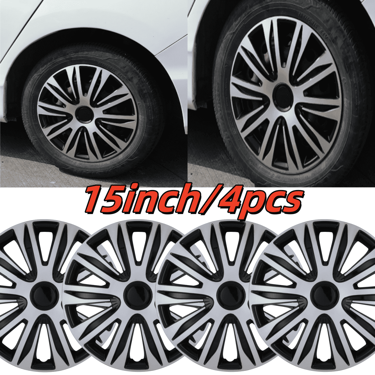 15" Silver & Black Hubcaps/Wheel Covers for Most Cars,Set Of 4 Snap On ...