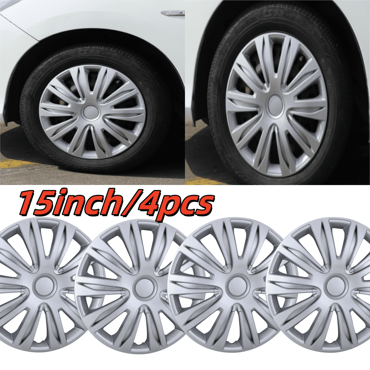 15" Silver Hubcaps/Wheel Covers for Most Cars,Set of 4 Snap on Car ...