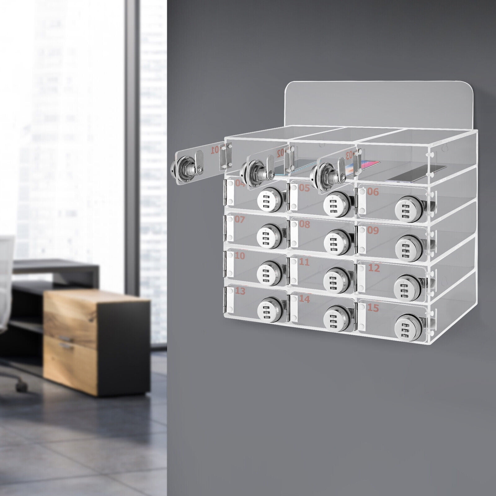 15 Slots Lockable Cell Phone Storage Cabinet Classroom Wall Mounted ...