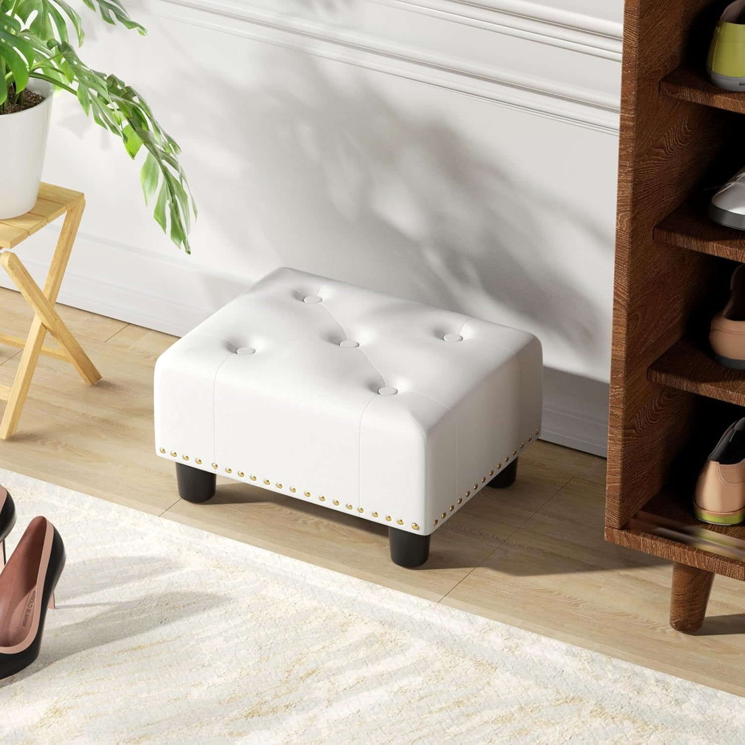 15" Small Tufted Ottoman, Leather Foot Stool Rectangular Mini Ottoman ...