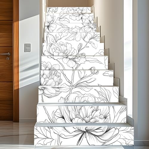 15 Strips Sketch Peony Pattern Stair Decals Peel and Stick Stair Riser ...