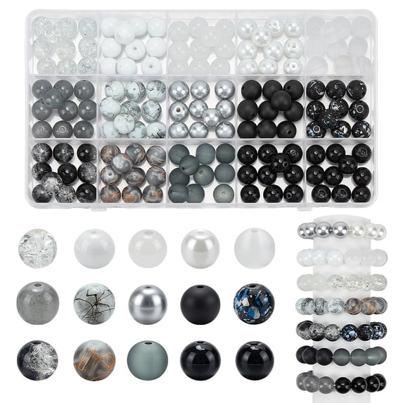 15 Styles 10mm Black White Glass Beads 150pcs Round Bracelet Beads ...