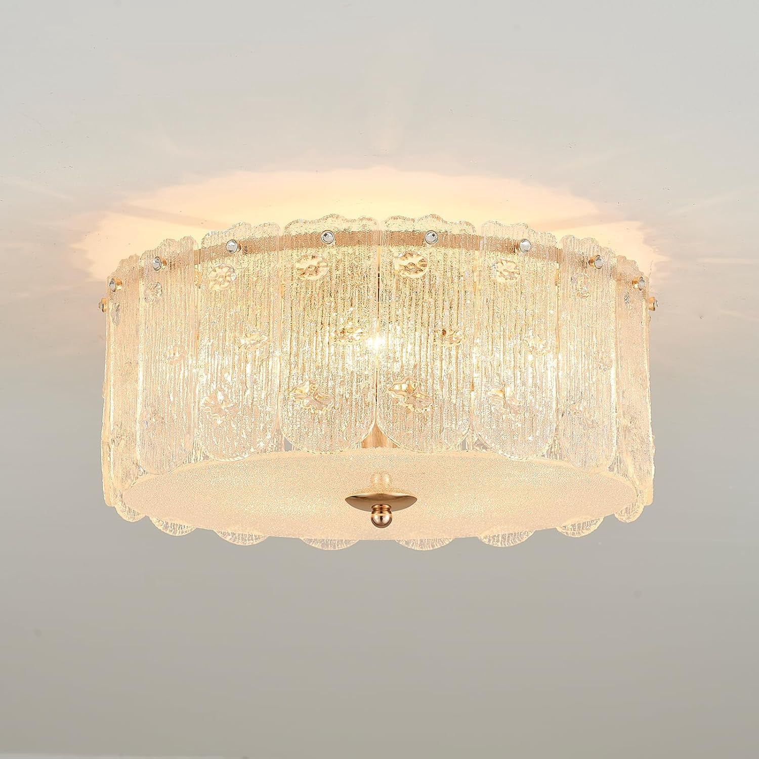 15” Textured Glass Semi Flush Mount Ceiling Light Classic Crystal Brass ...