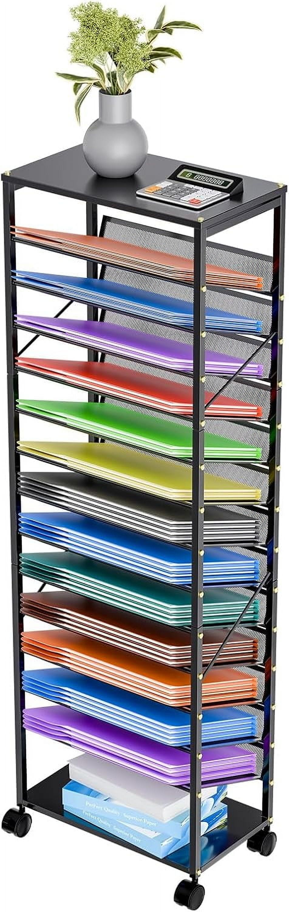 15 Tier Rolling File Cart, Mobile Desk File Organizer with Metal Mesh ...