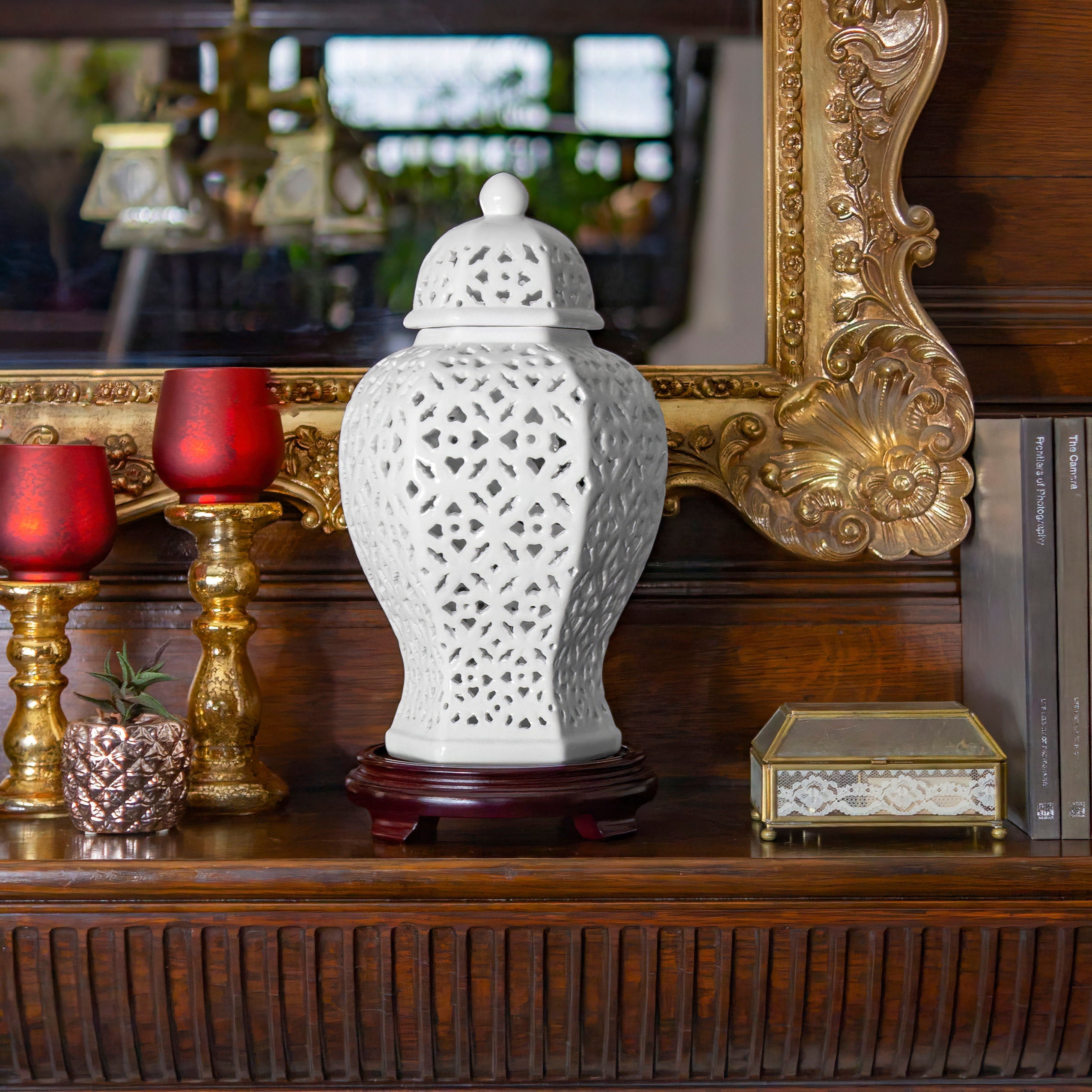 15" White Carved Temple Jar - Walmart.com