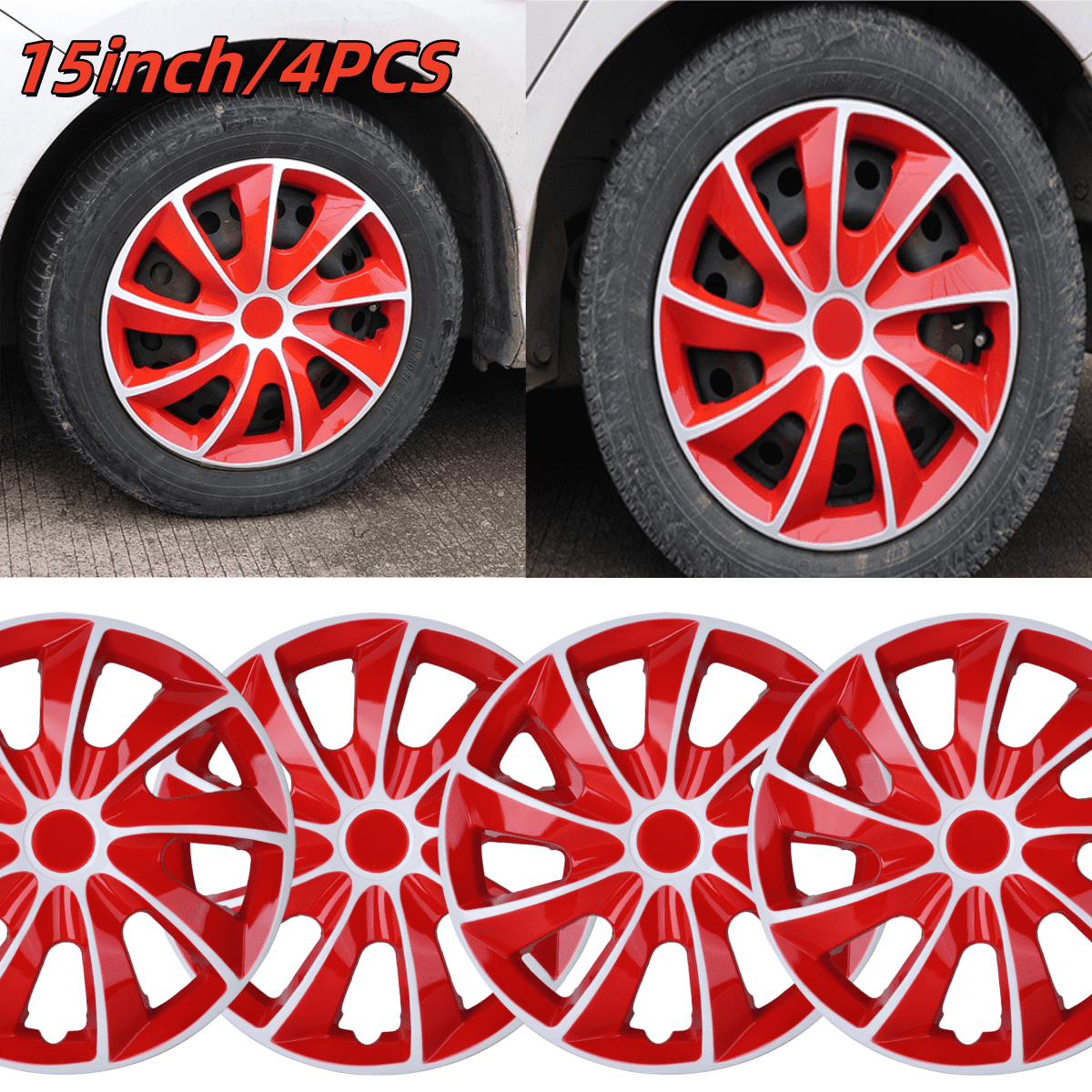 15" White&Red Hubcaps/Wheel Covers for Most Cars,Set of 4 Snap on Car ...