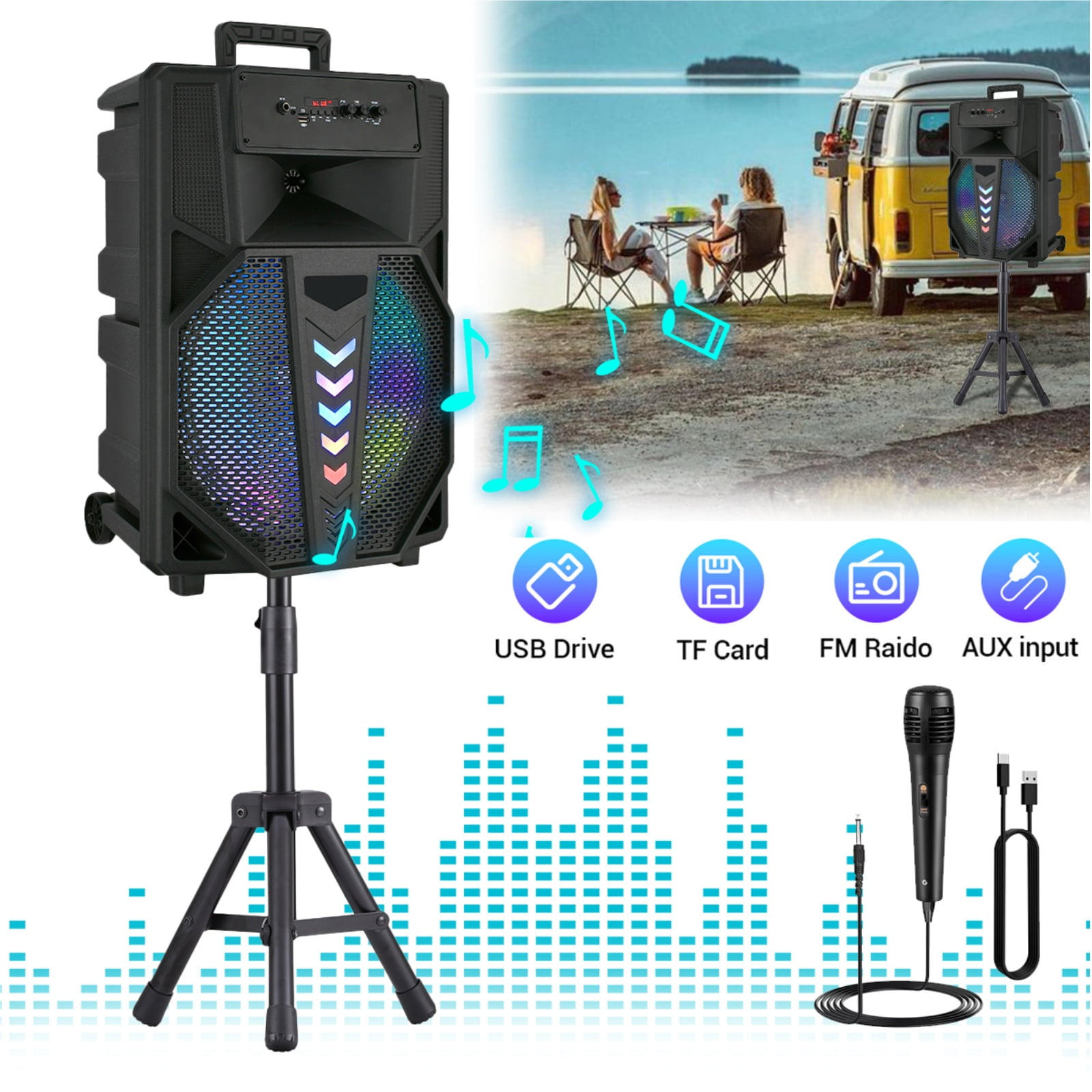 15" Woofer Portable Wireless Party Speaker with Microphone, Stand, LED ...