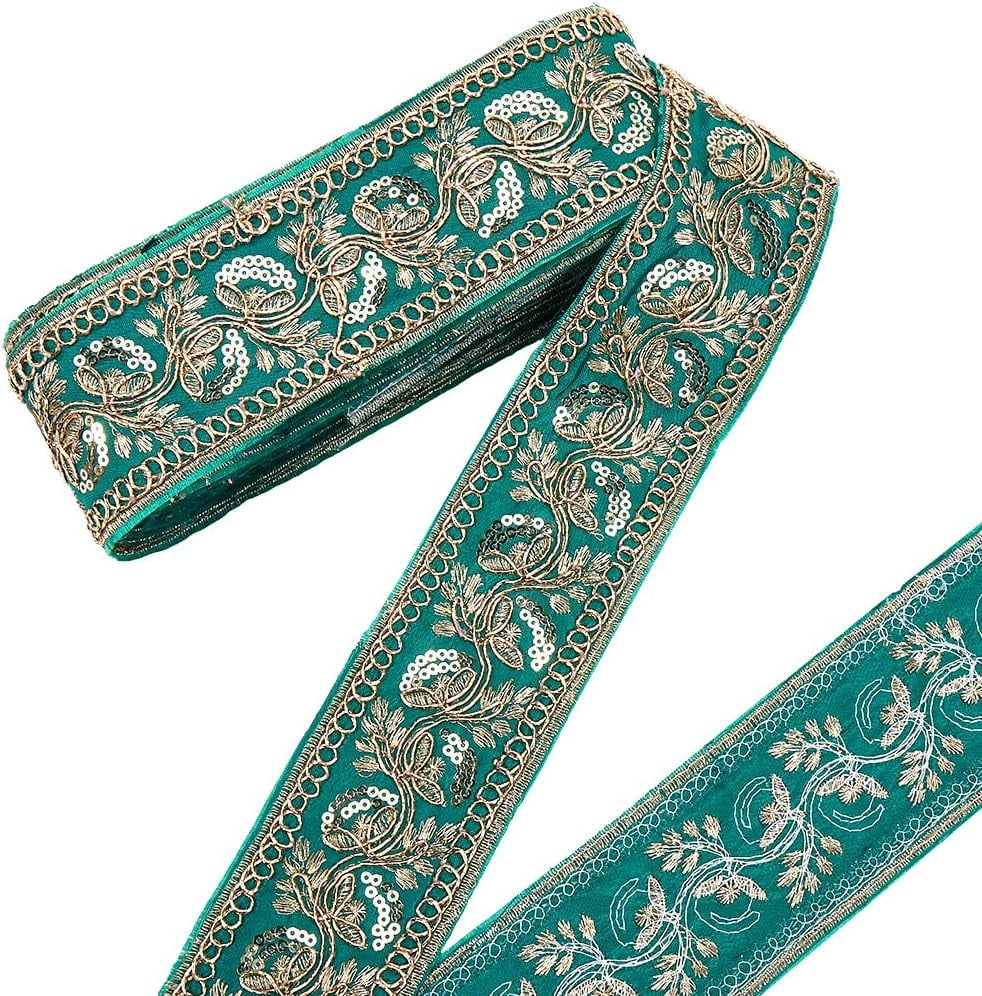 15 Yards 2.17 Inch Green Embroidered Ribbon Boho Flower Woven Jacquard ...