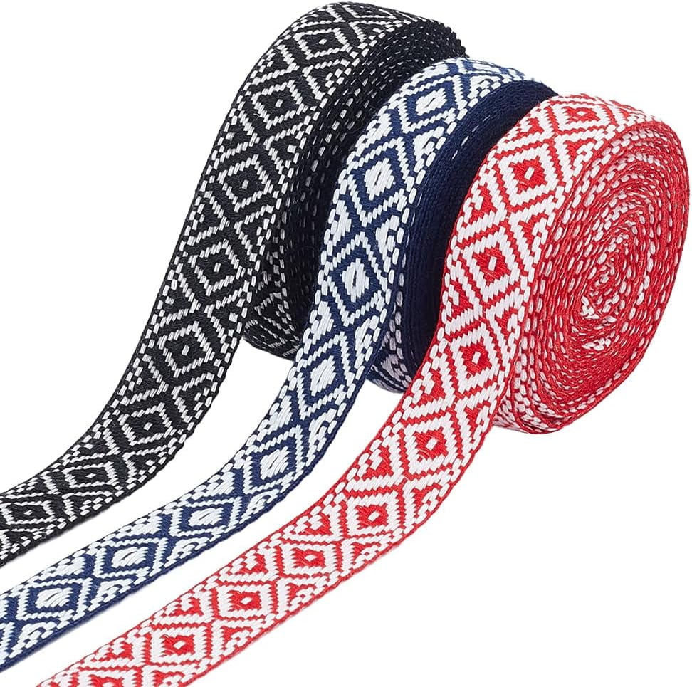 15 Yards 3 Colors Boho Jacquard Ribbon Trim 7/8 Inch Rhombus Woven ...