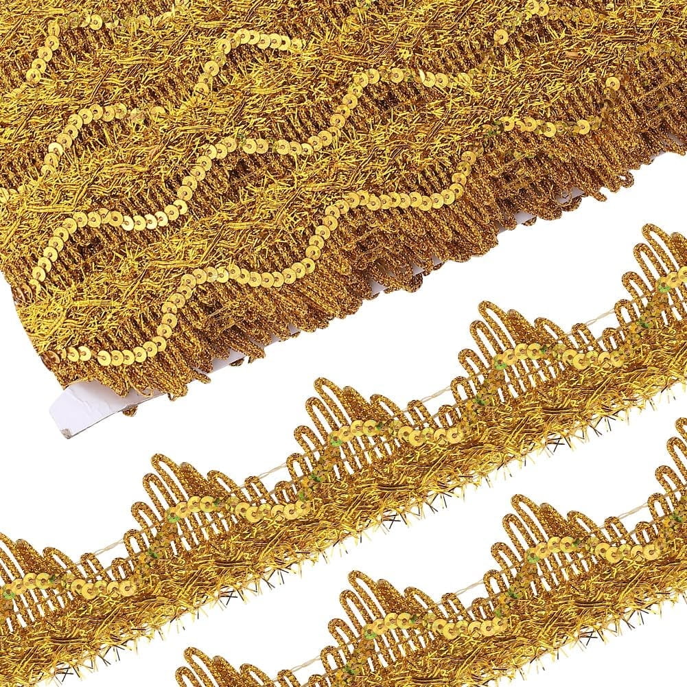15Yards Gold Metallic Sequins Lace Trim Decorated Applique Gimp Trim ...
