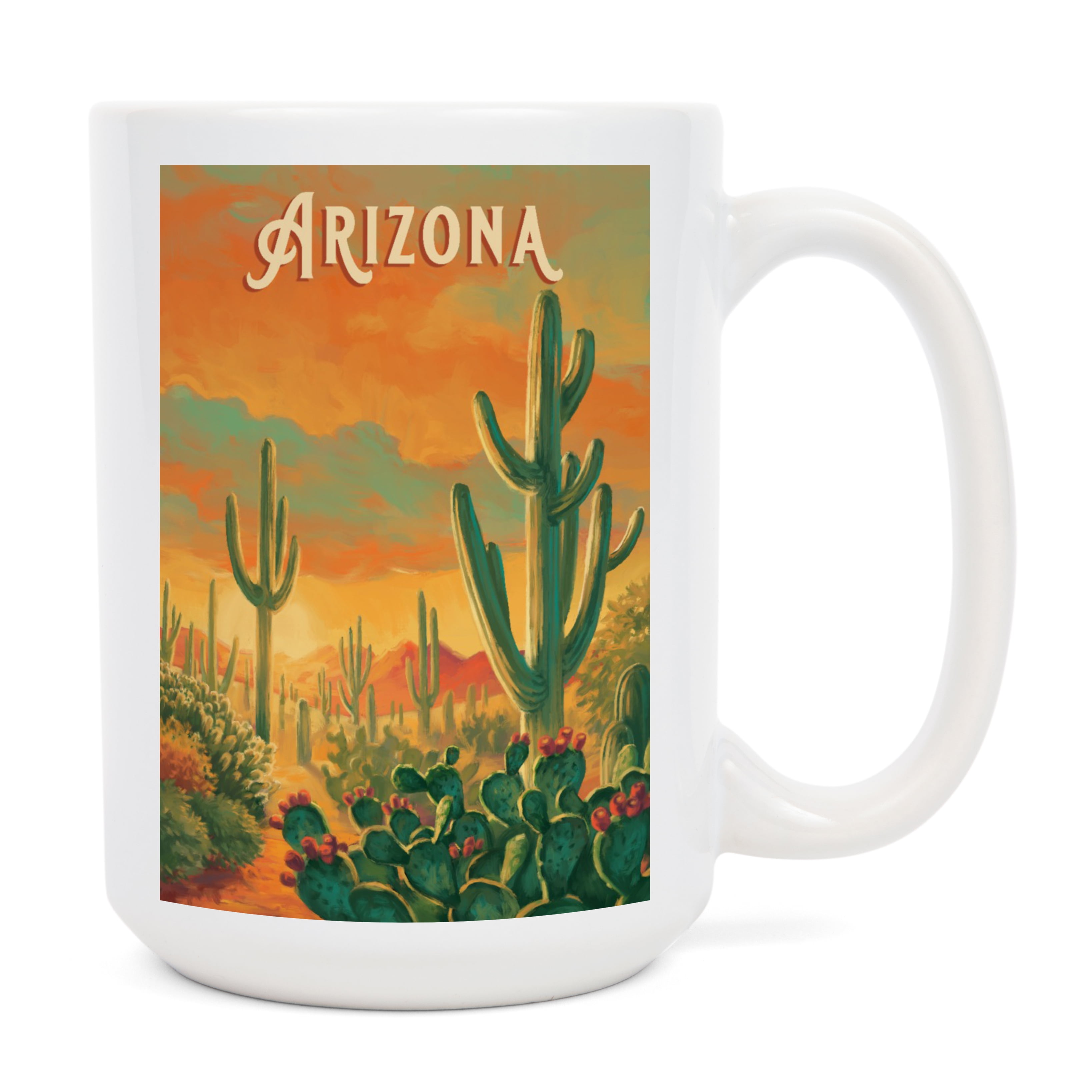15 fl oz Ceramic Mug, Arizona, Desert Cactus, Oil Painting, Dishwasher ...