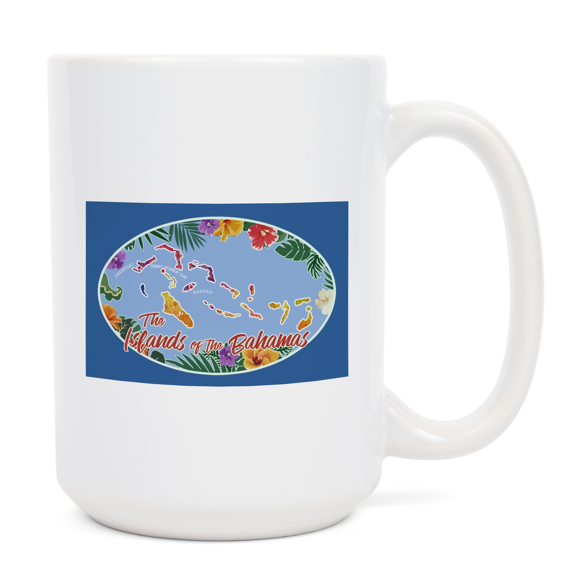 15 fl oz Ceramic Mug, Bahamas, Tropical Palm Fronds Wreath and Islands ...