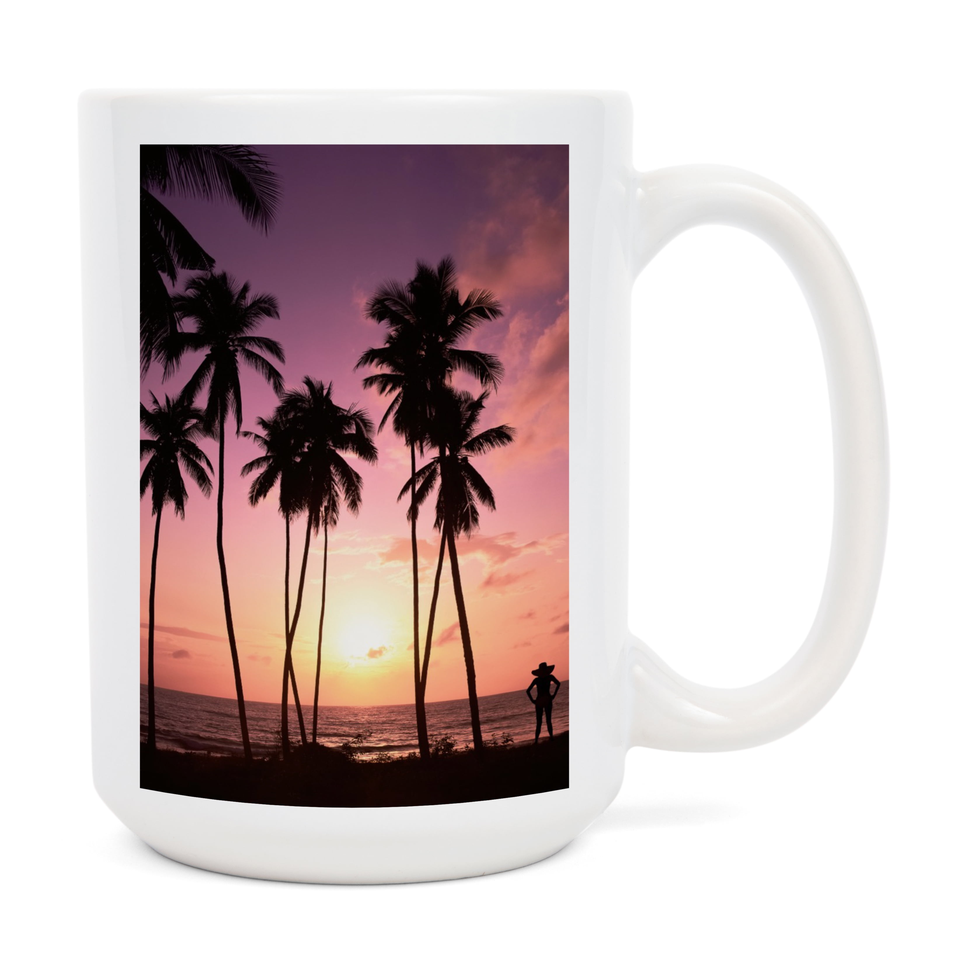 15 fl oz Ceramic Mug, Beach Scene, Palm Trees and Woman Silhouette at ...