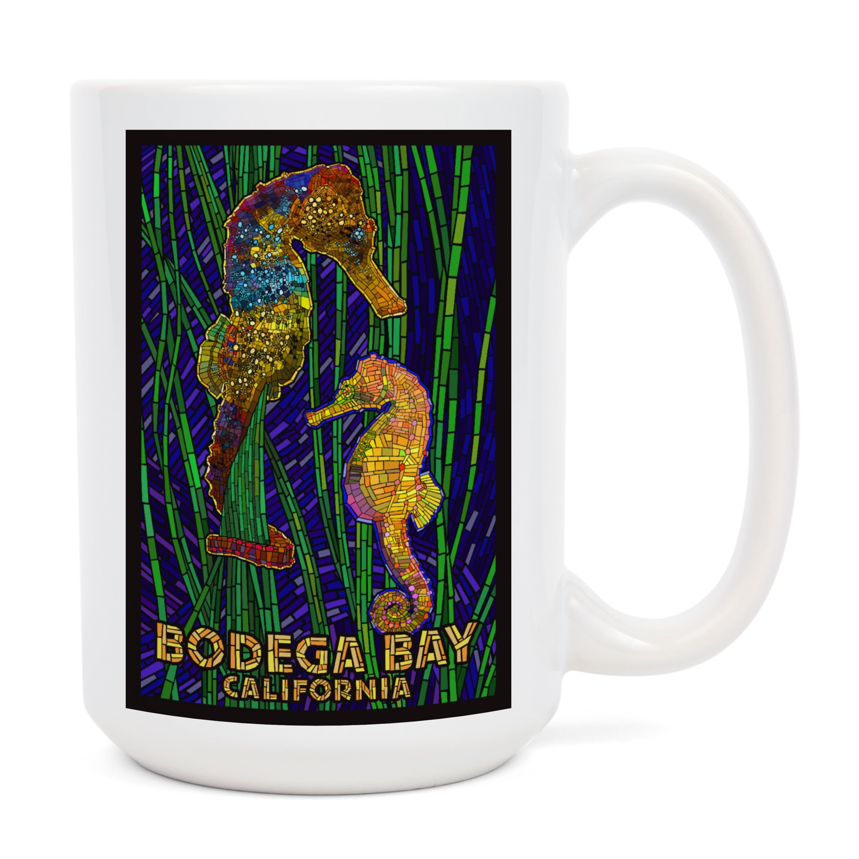 15 fl oz Ceramic Mug, Bodega Bay, California, Seahorses, Paper Mosaic ...