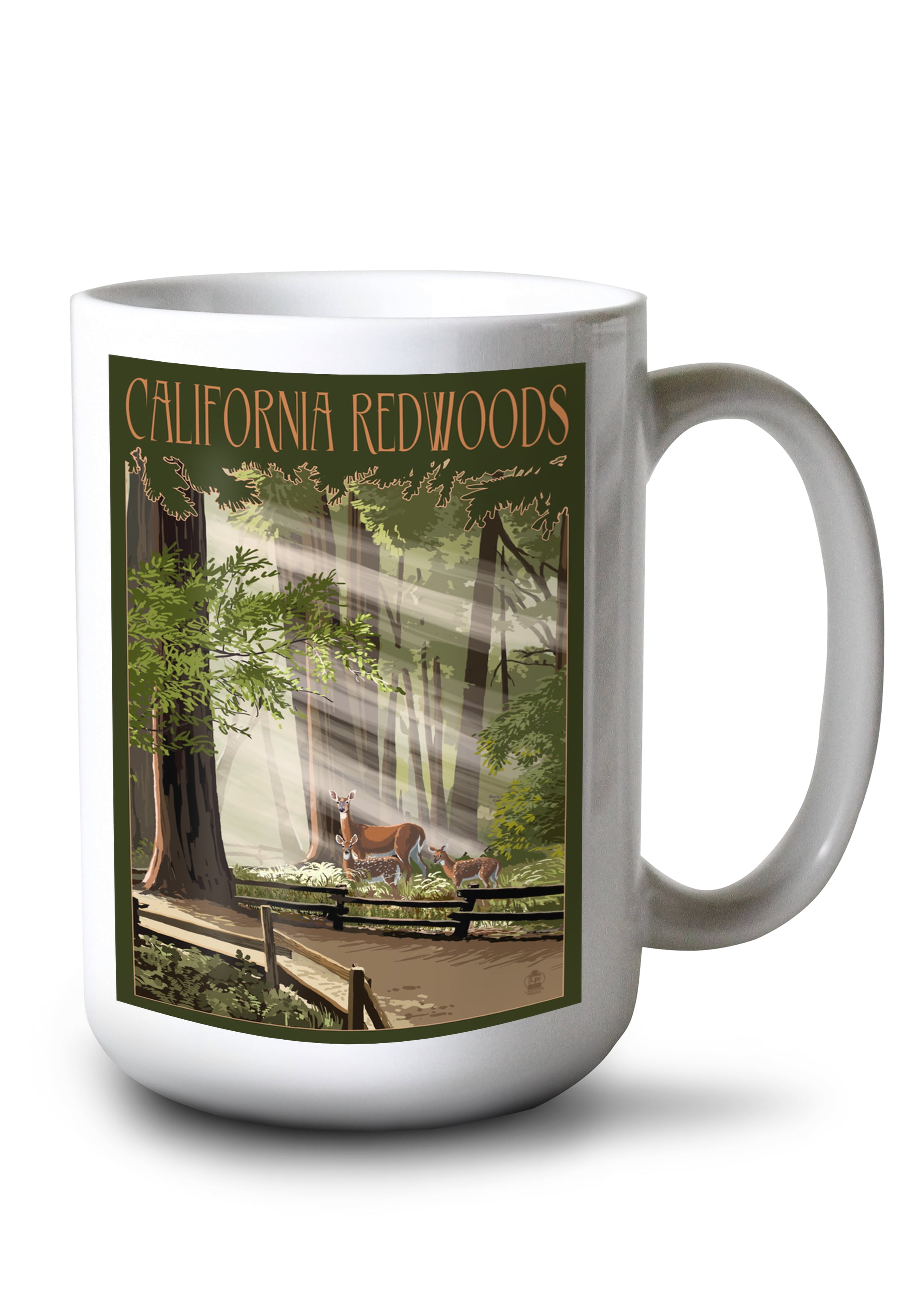 15 fl oz Ceramic Mug, California, Deer and Fawns in Redwoods ...