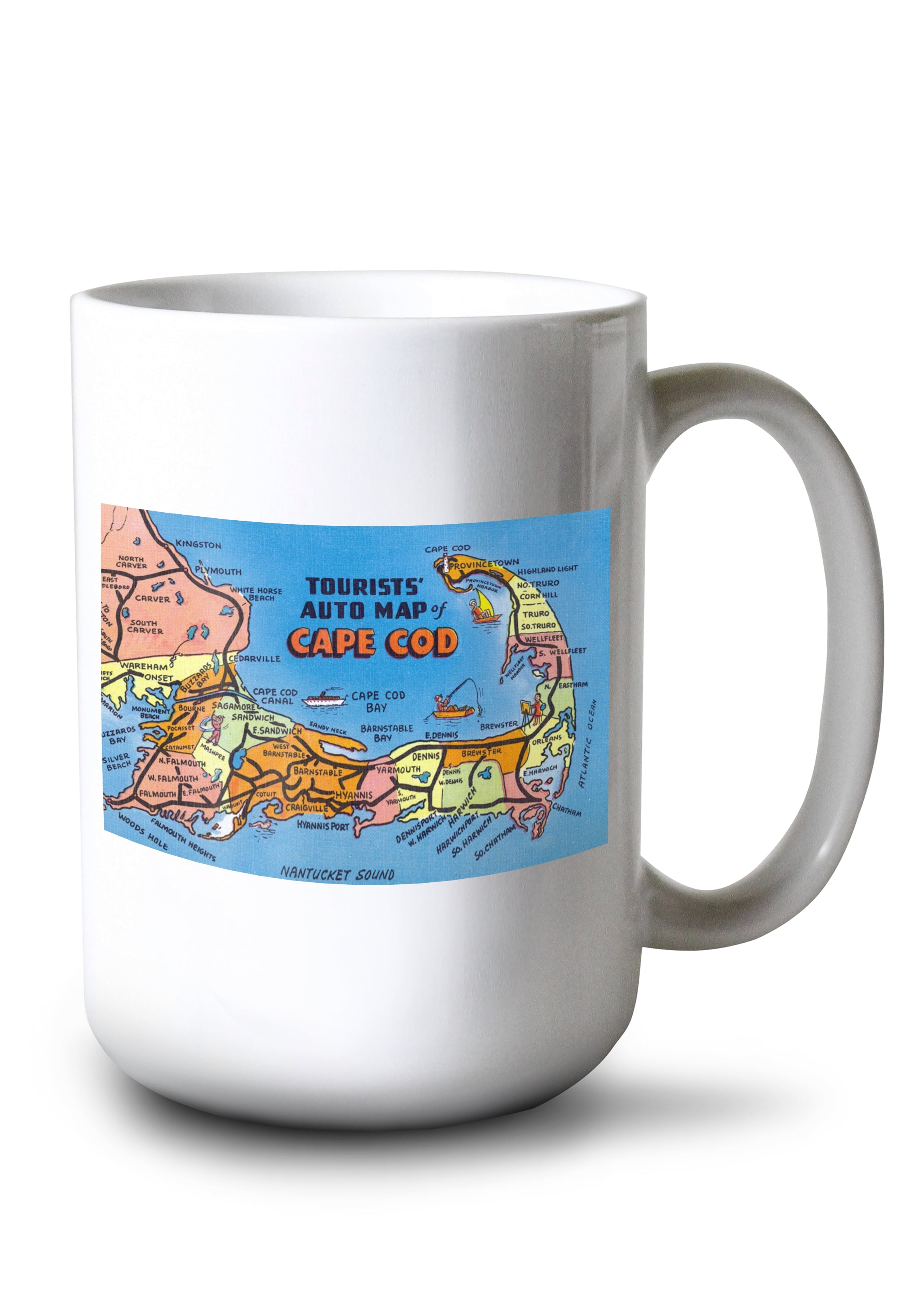 15 fl oz Ceramic Mug, Cape Cod, Massachusetts, Detailed Auto Map of ...