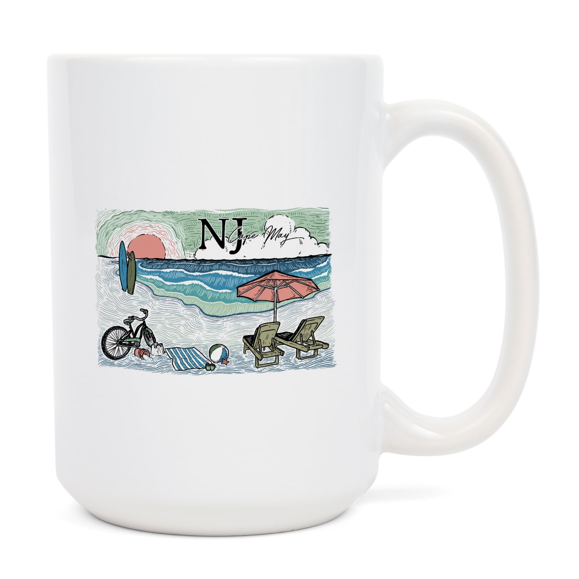 15 fl oz Ceramic Mug, Cape May, New Jersey, Beach Scene, Sketch ...