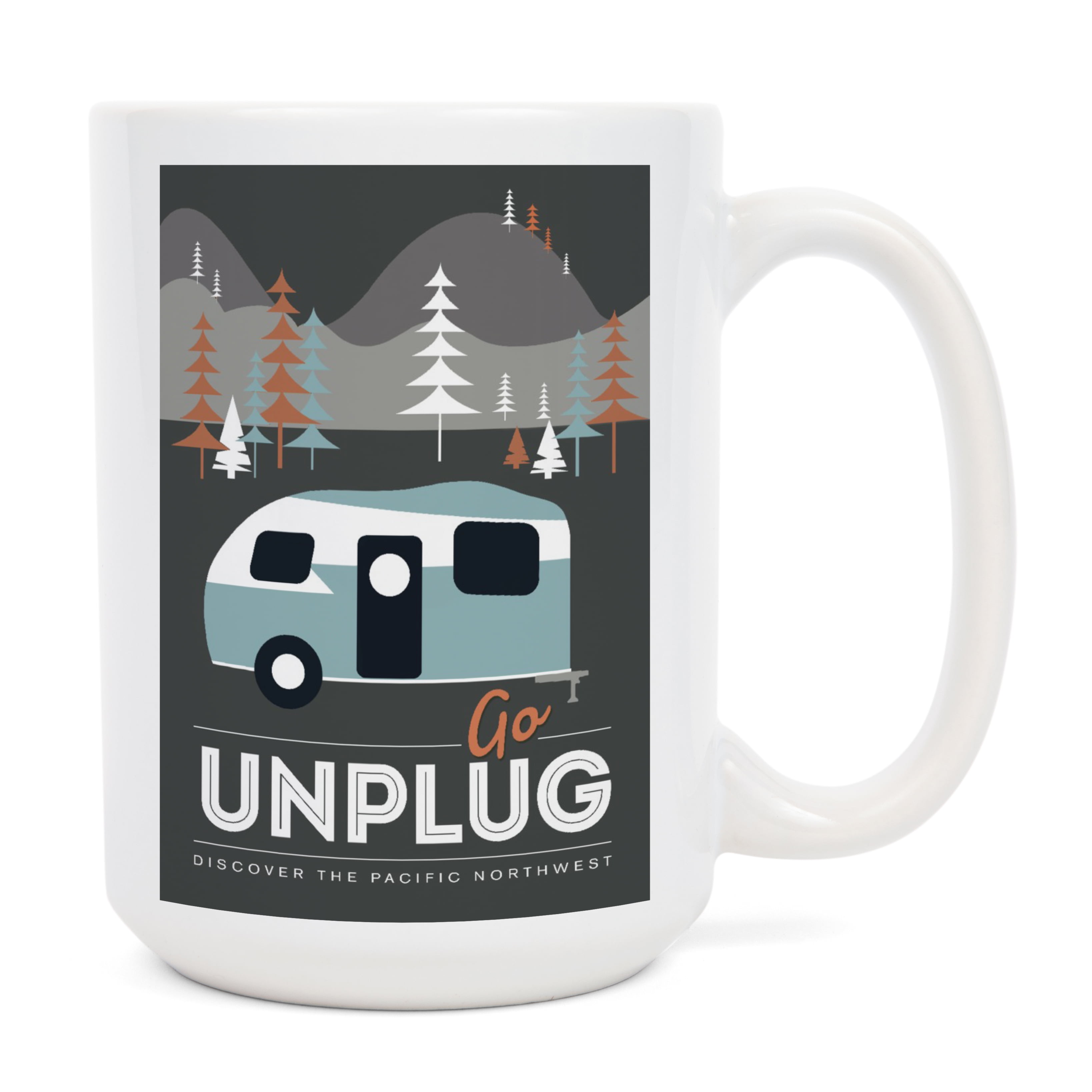15 fl oz Ceramic Mug, Discover Pacific Northwest, Go Unplug (Retro Camper), Vector Style ...