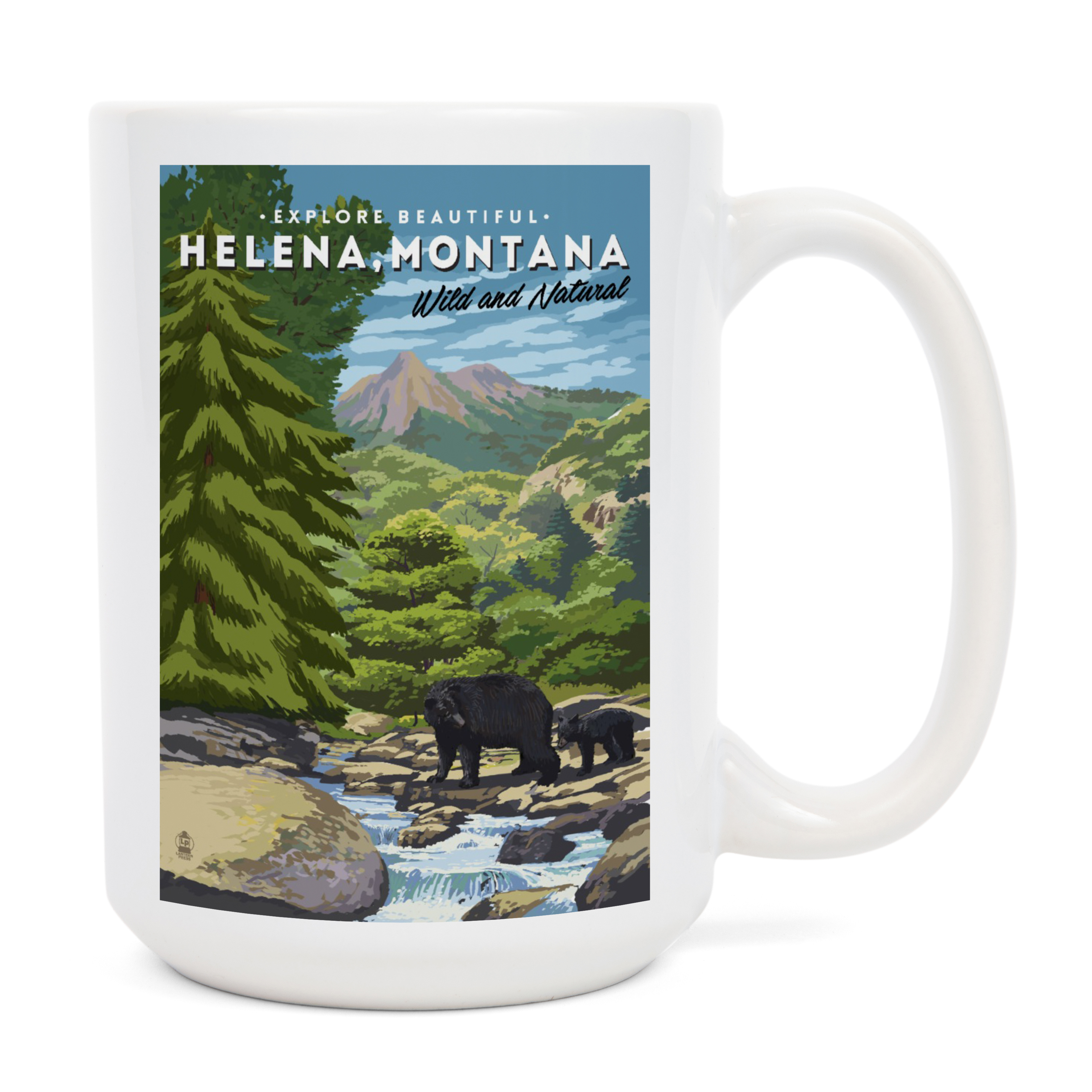 15 fl oz Ceramic Mug, Helena, Montana, Bear Family and Creek ...