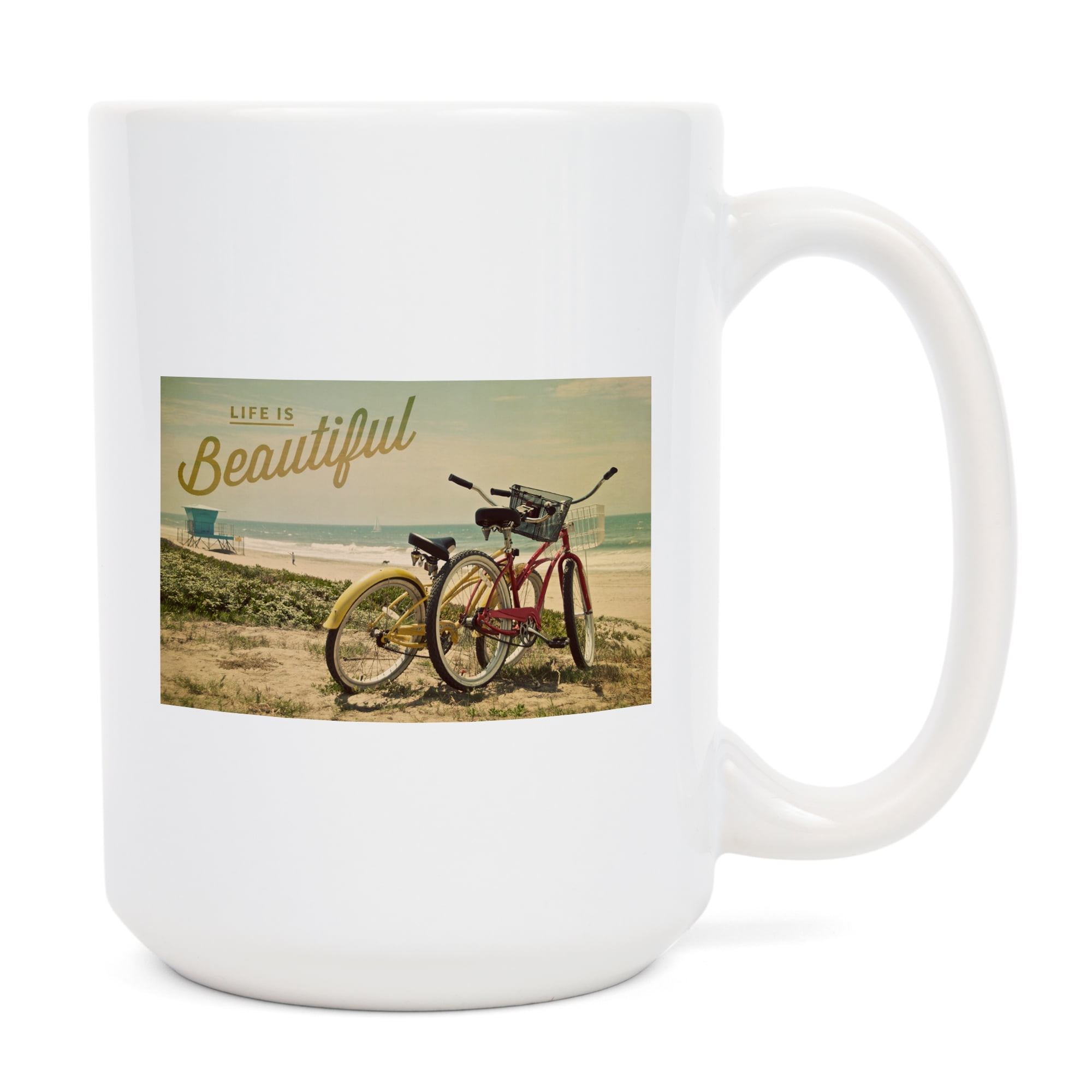 15 fl oz Ceramic Mug, Life is Beautiful, Beach Cruisers with Lifeguard ...