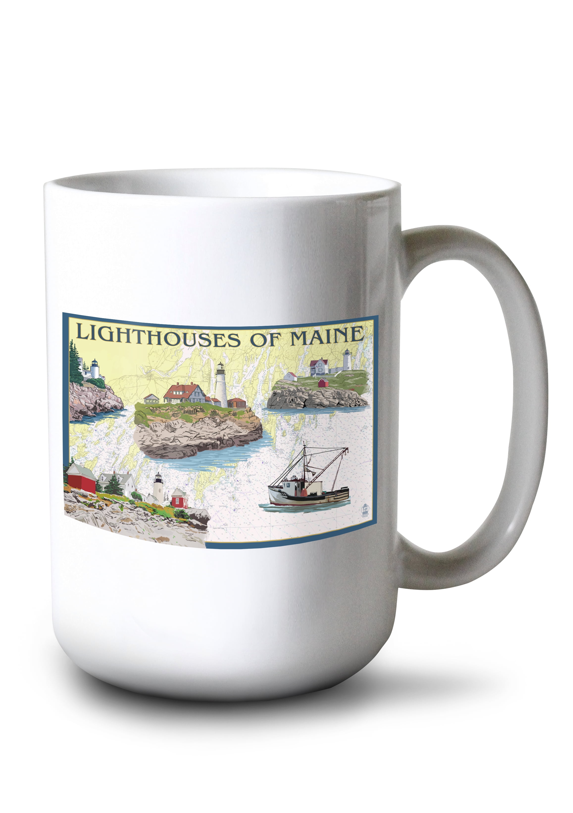 15 fl oz Ceramic Mug, Lighthouses of Maine, Nautical Chart, Dishwasher ...
