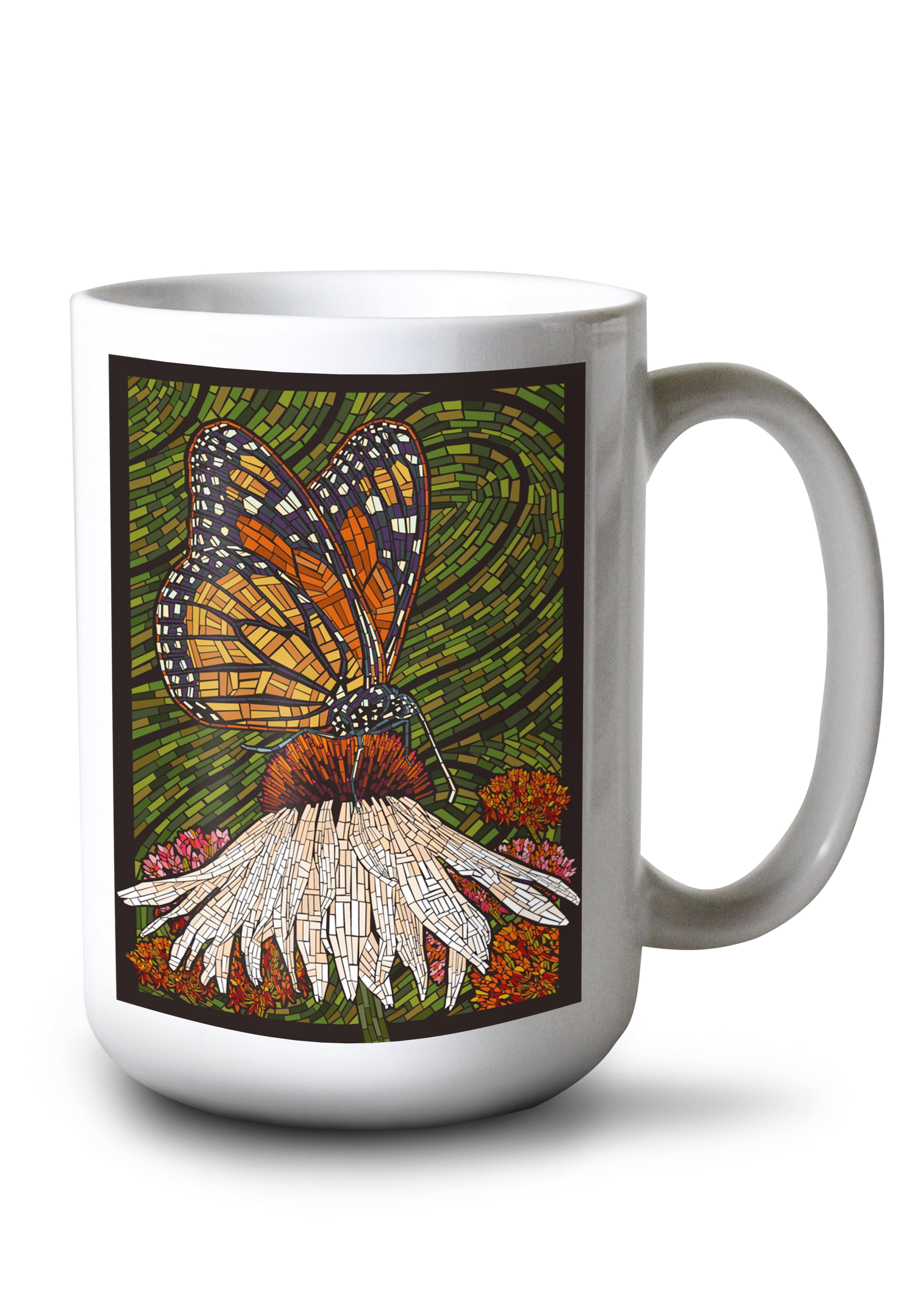 15 fl oz Ceramic Mug, Monarch Butterfly, Paper Mosaic, Green Background ...
