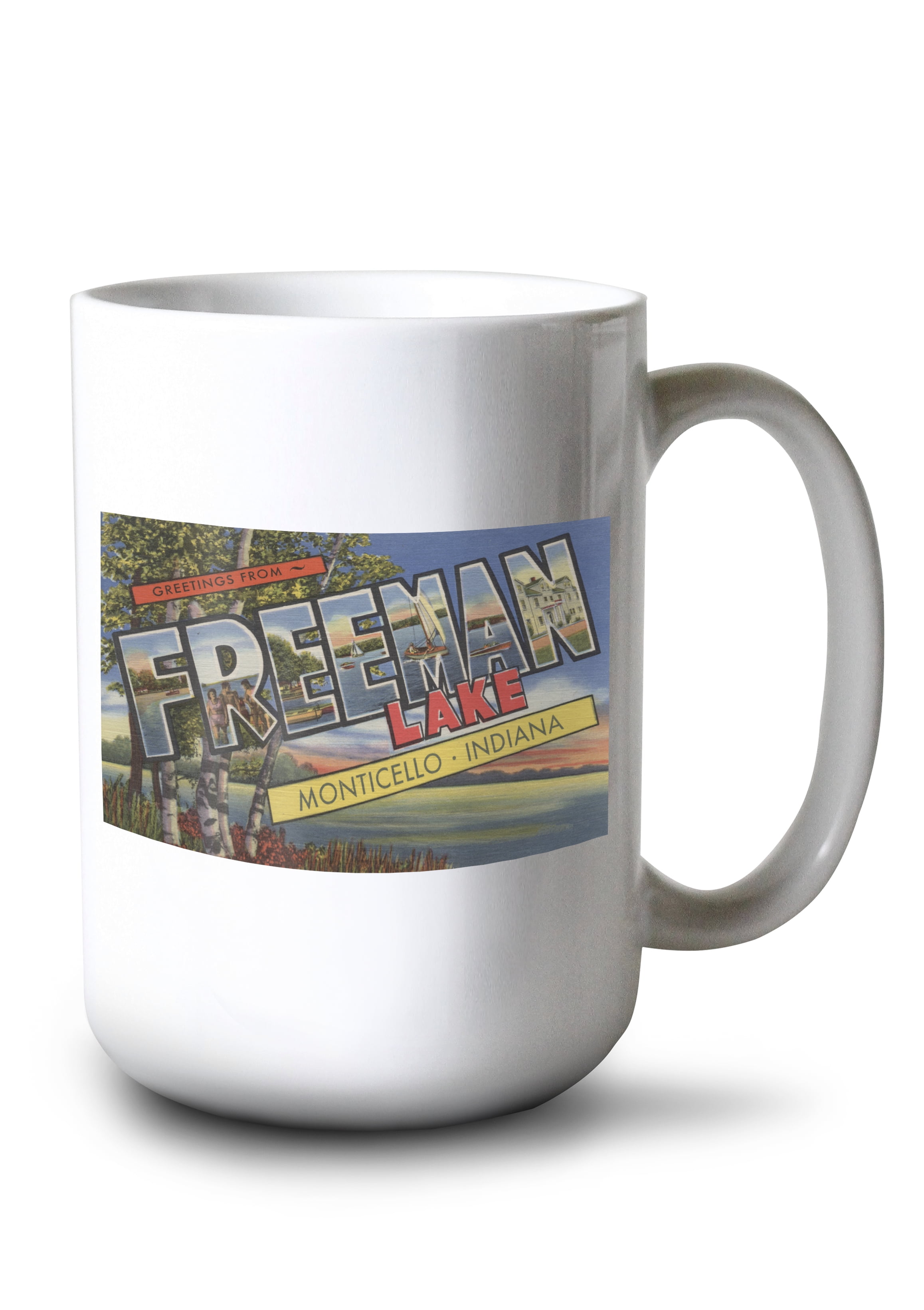 15 fl oz Ceramic Mug, Monticello, Indiana, Freeman Lake, Large Letter ...