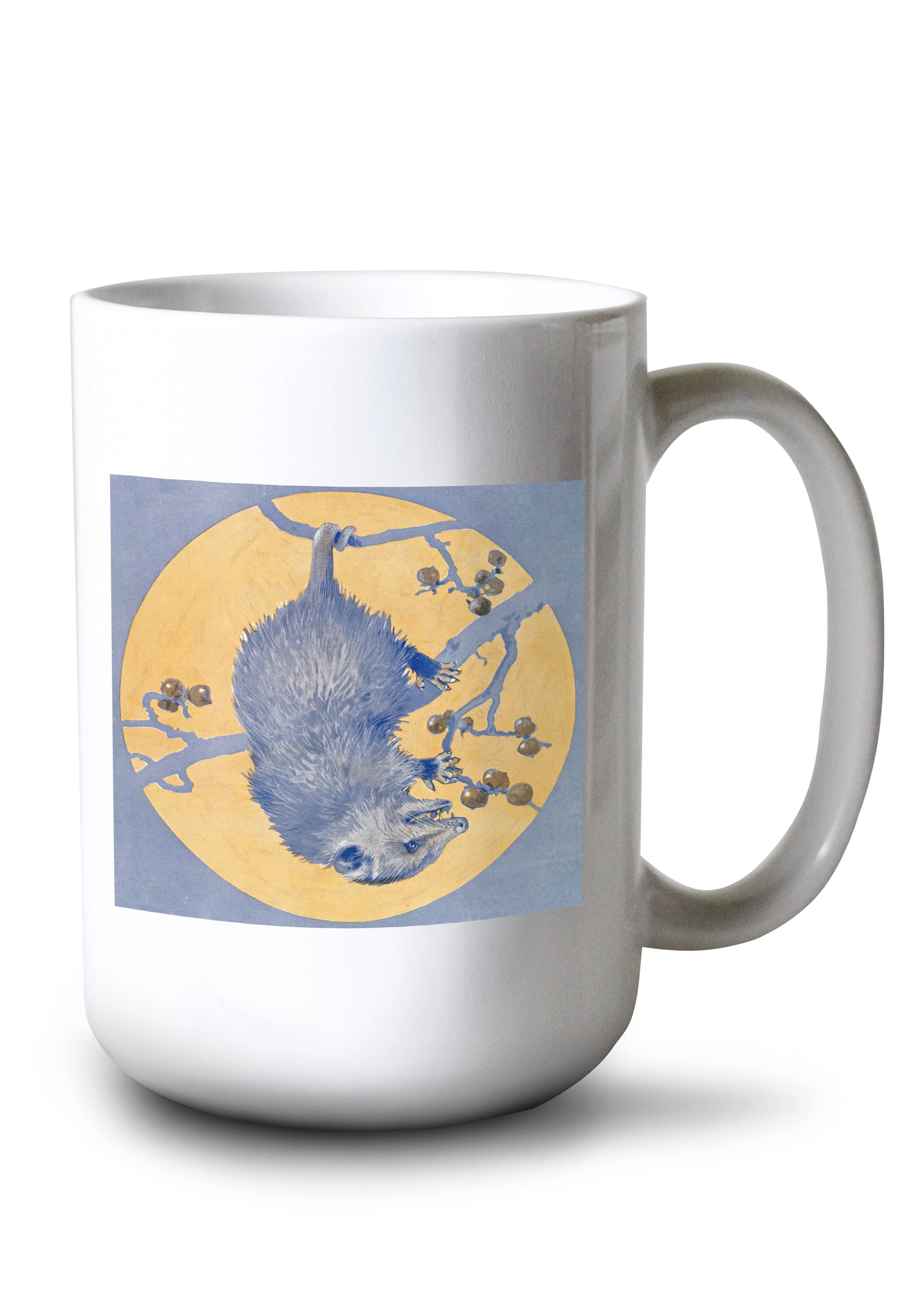 15 fl oz Ceramic Mug, Opossum Hanging upside down under a Full Moon ...