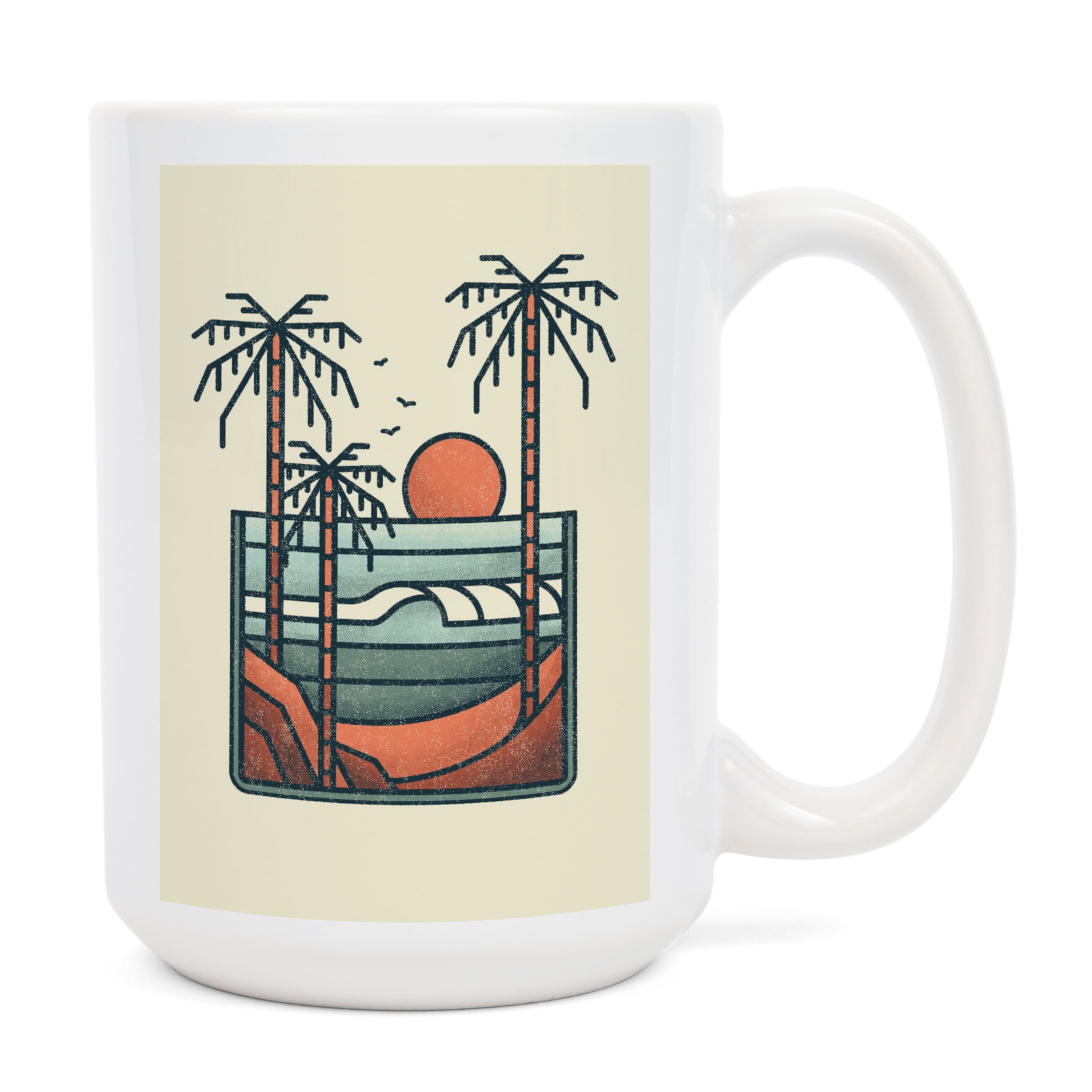 15 fl oz Ceramic Mug, Palm Trees and Beach, Block Lines, Dishwasher ...