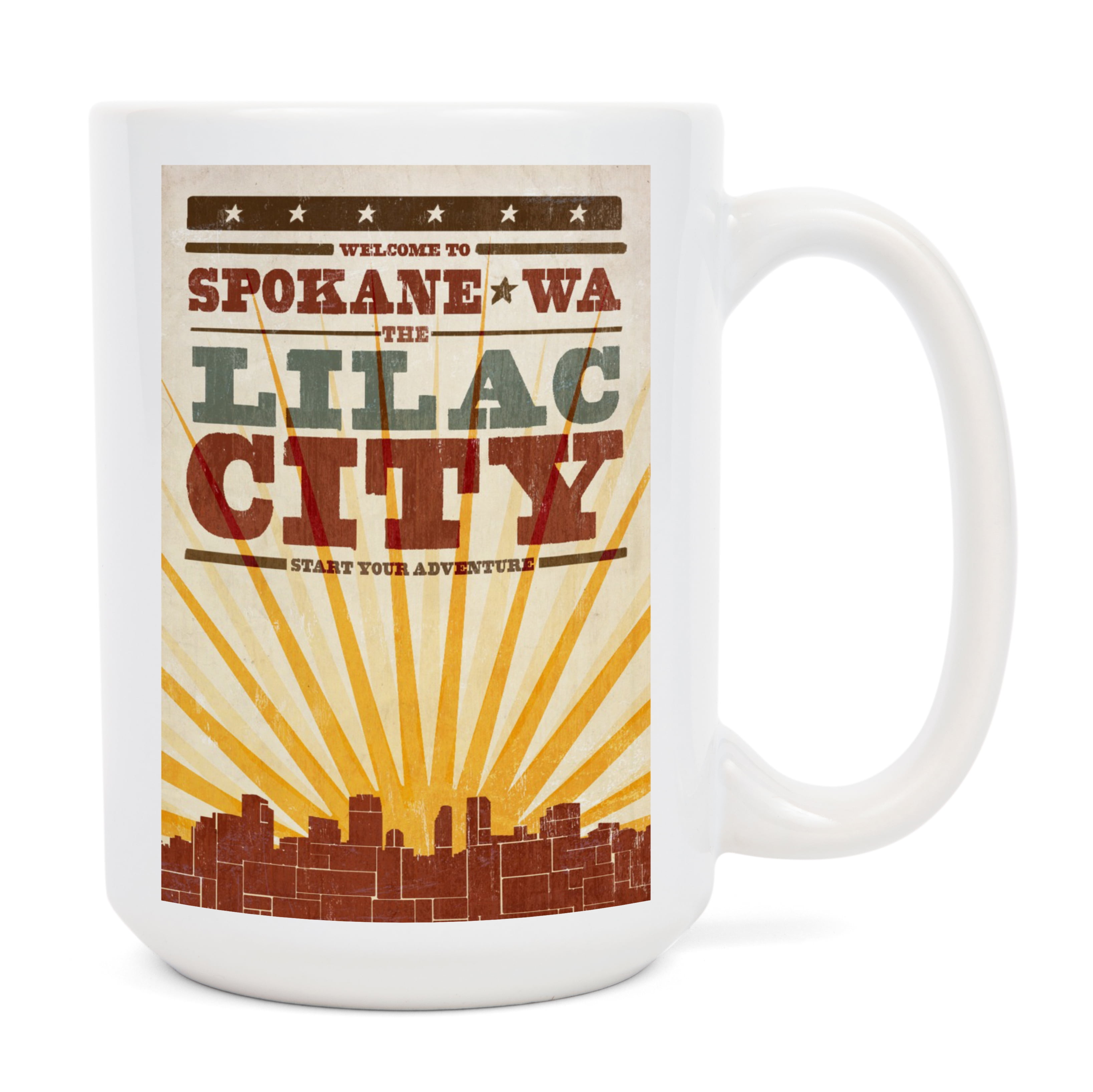 15 fl oz Ceramic Mug, Spokane, Washington, Skyline and Sunburst ...