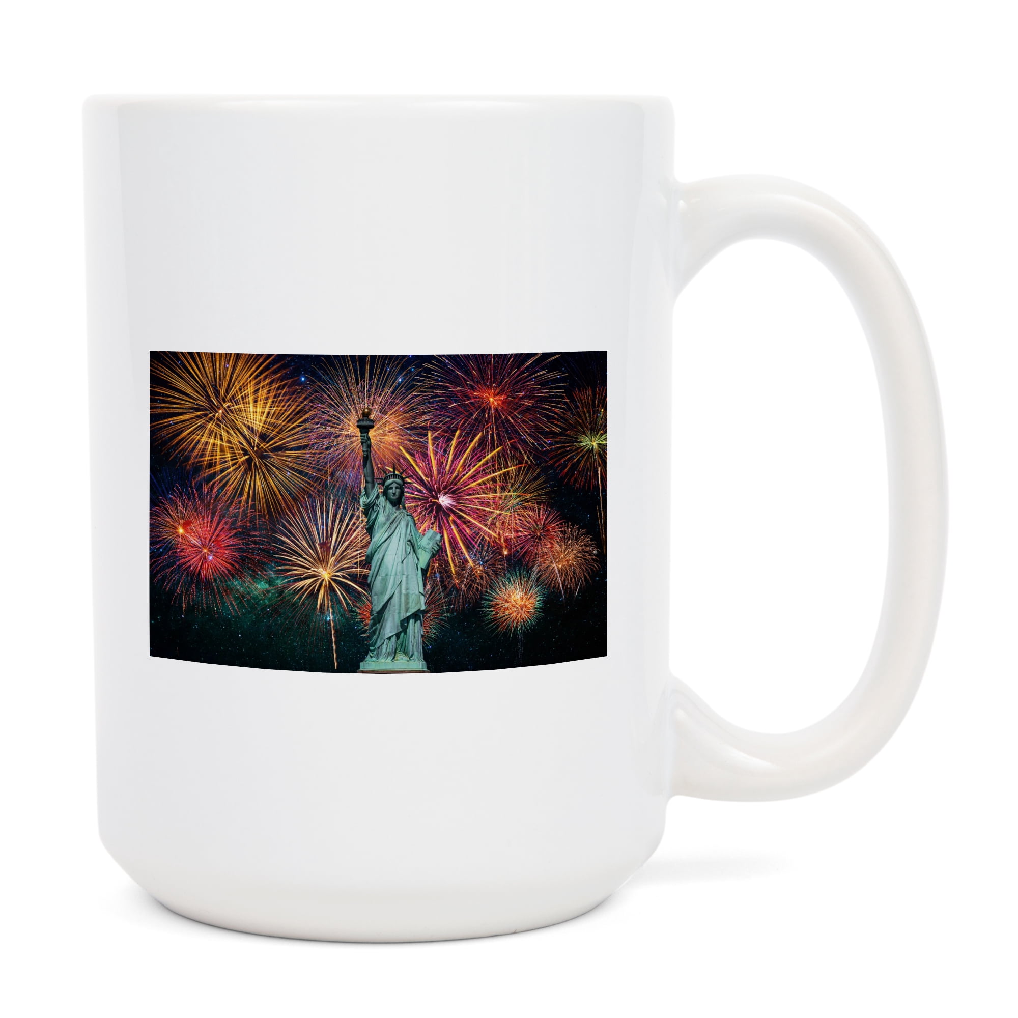 15 fl oz Ceramic Mug, Statue of Liberty with Fireworks for the Fourth ...