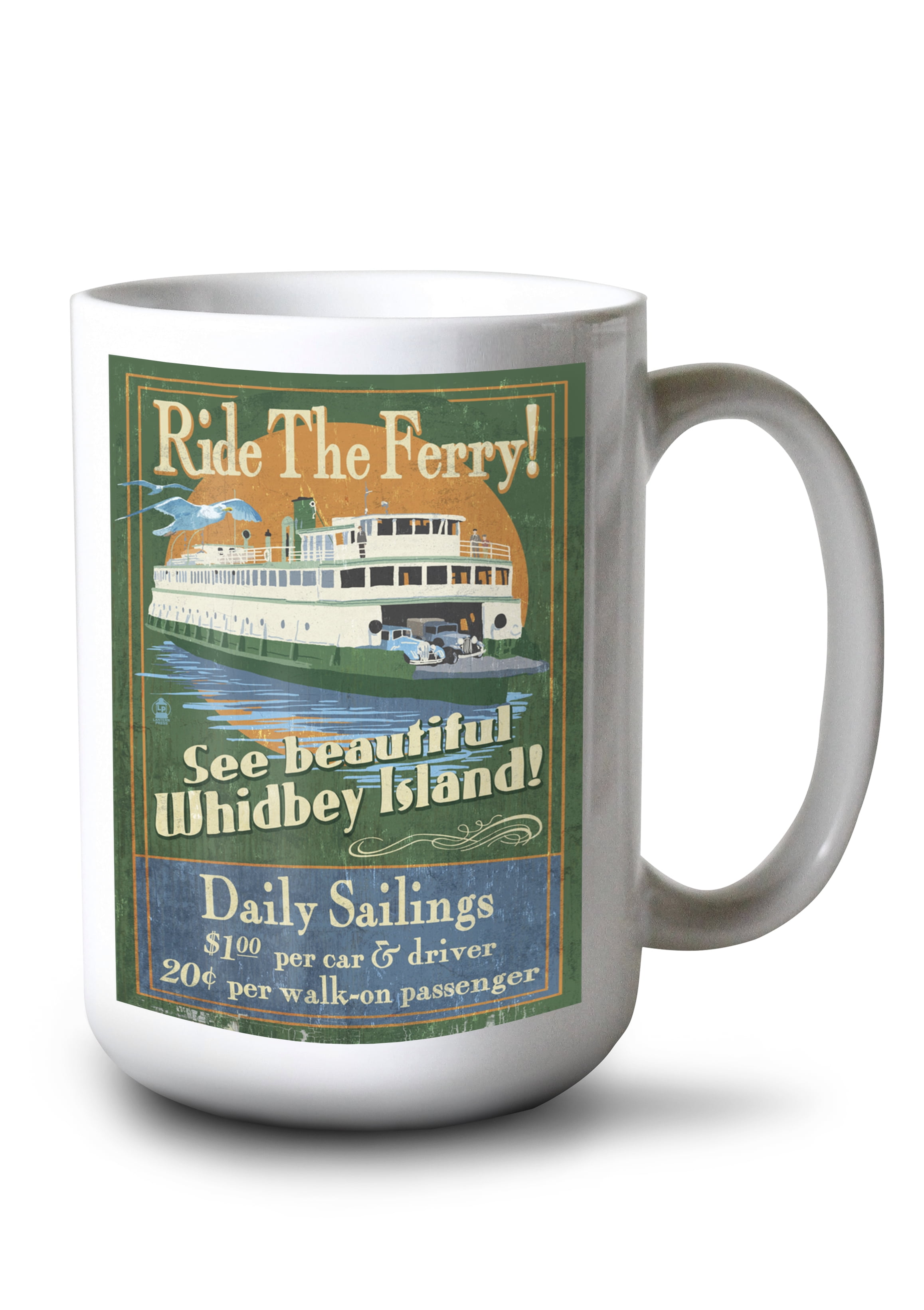 15 fl oz Ceramic Mug, Whidbey Island, Washington, Ferry Vintage Sign ...