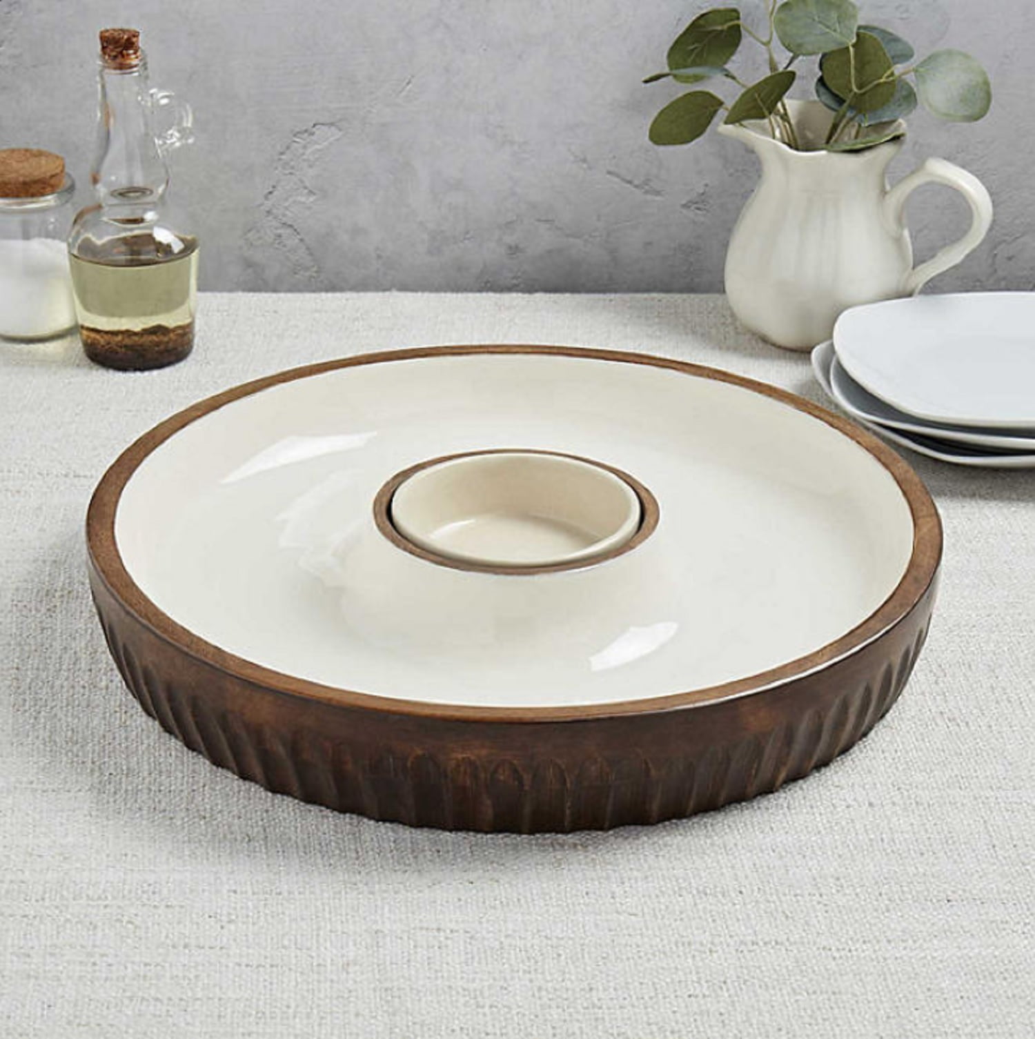 15-in. Mango Wood and Enamel Ivory Chip & Dip Tray - Wooden Plate ...